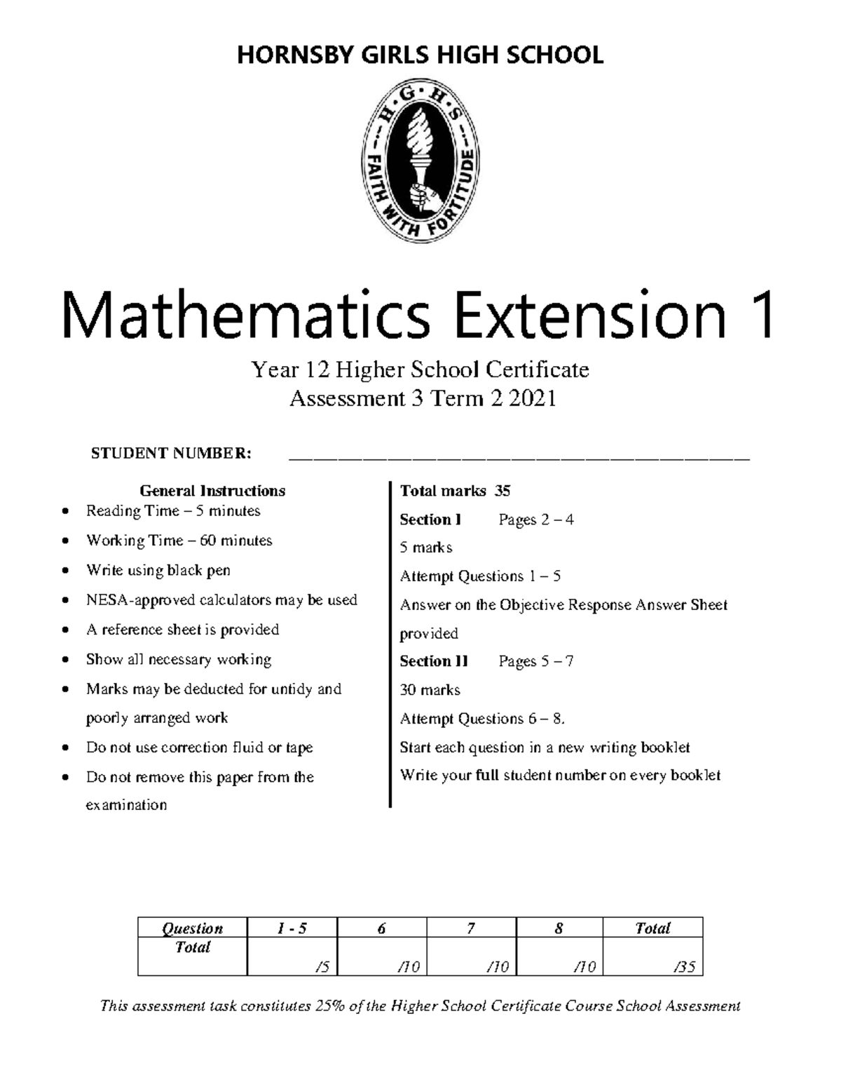 Mathematics Ext 1 HSC Assessment Task 3 Term 2 2021 - Year 12 - Studocu