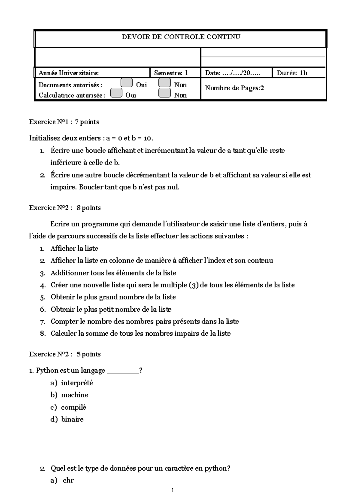 Devoir DE Contrôle Continu Python 2 - Examen Pratique 2023 - Studocu