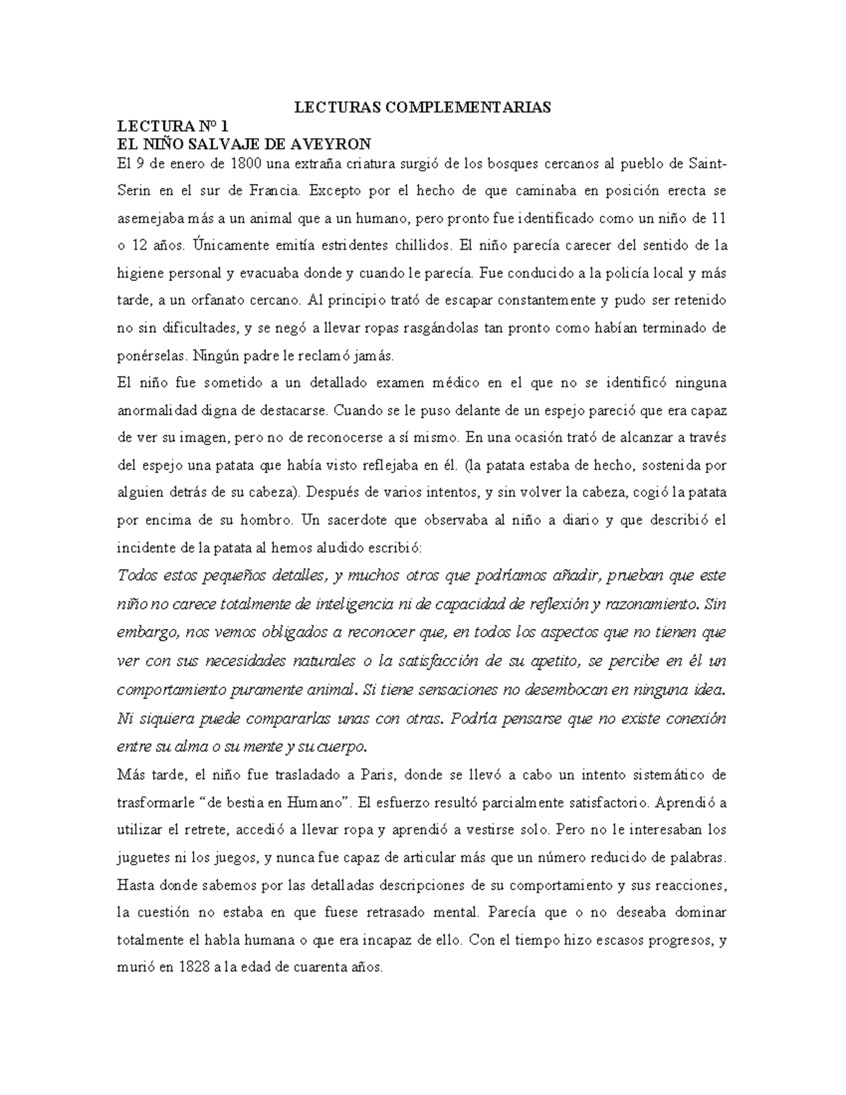 Lecturas Complementarias Obligatorias - LECTURAS COMPLEMENTARIAS LECTURA N° 1 EL NIÑO SALVAJE DE ...
