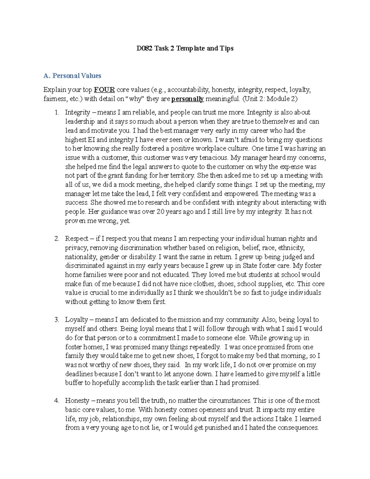 WGU D082 Task 2 - Updated 042021 - D082 Task 2 Template and Tips A. Personal Values Explain your ...