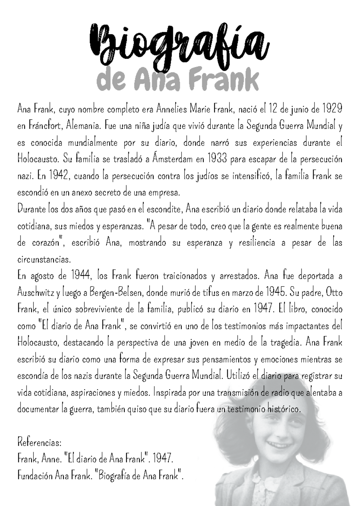 Biografía de Ana Frank: Vida y Legado Durante la Guerra Mundial - Studocu