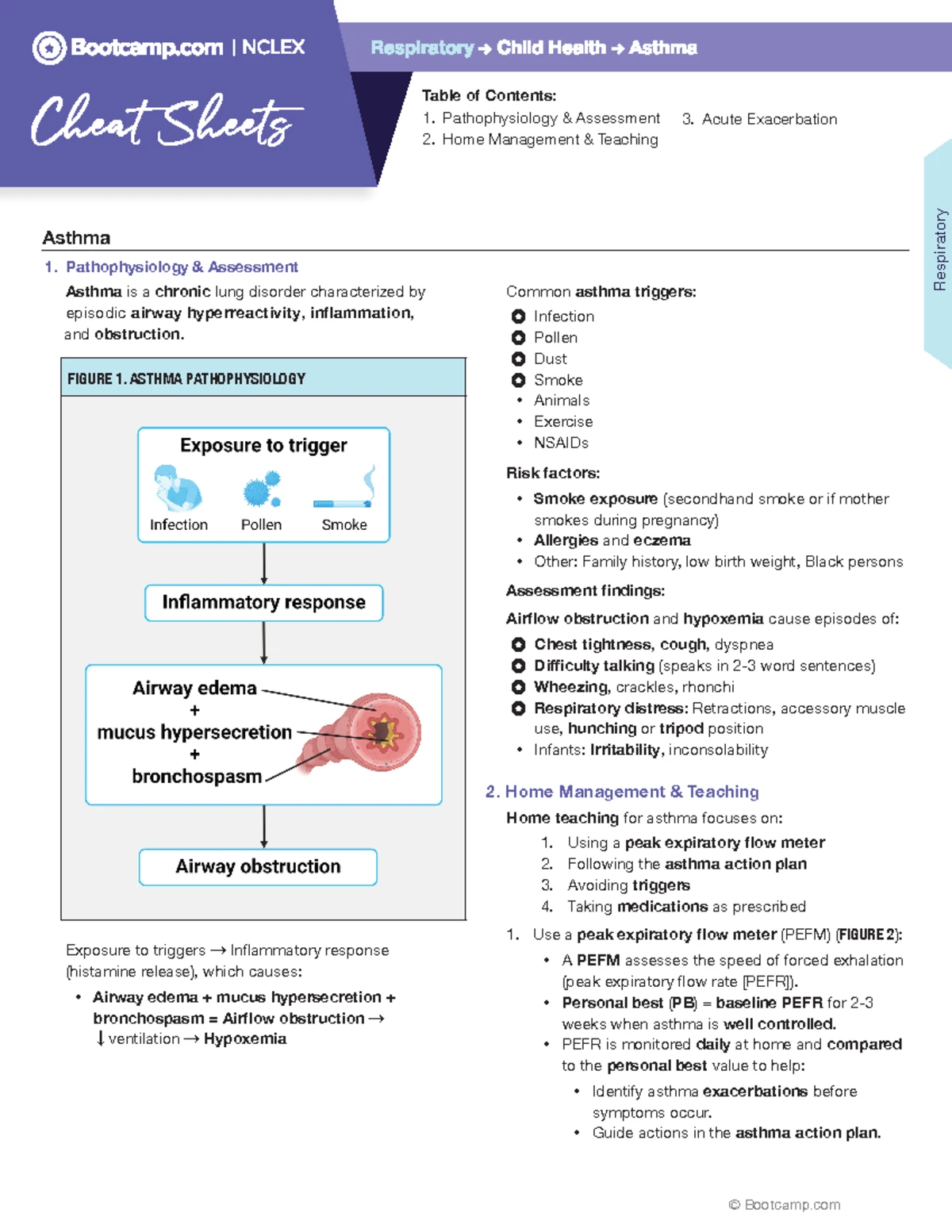 Asthma Cheat Sheet - n/a - Table of Contents: 1. 2. Pathophysiology ...
