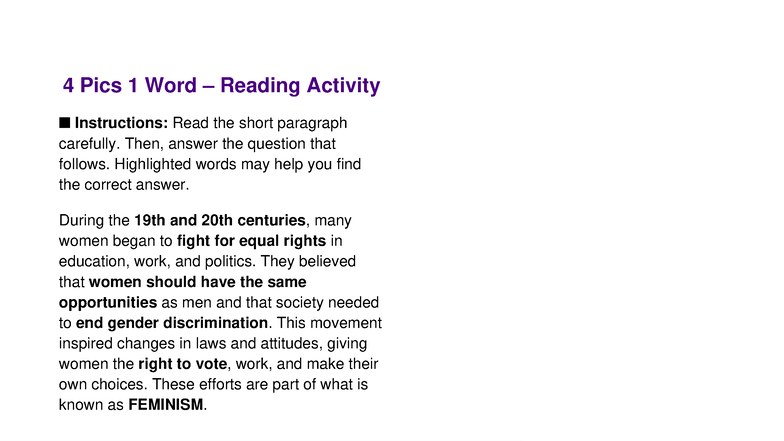 Feminism Activity Sheet: 4 Pics 1 Word Instructions - Studocu