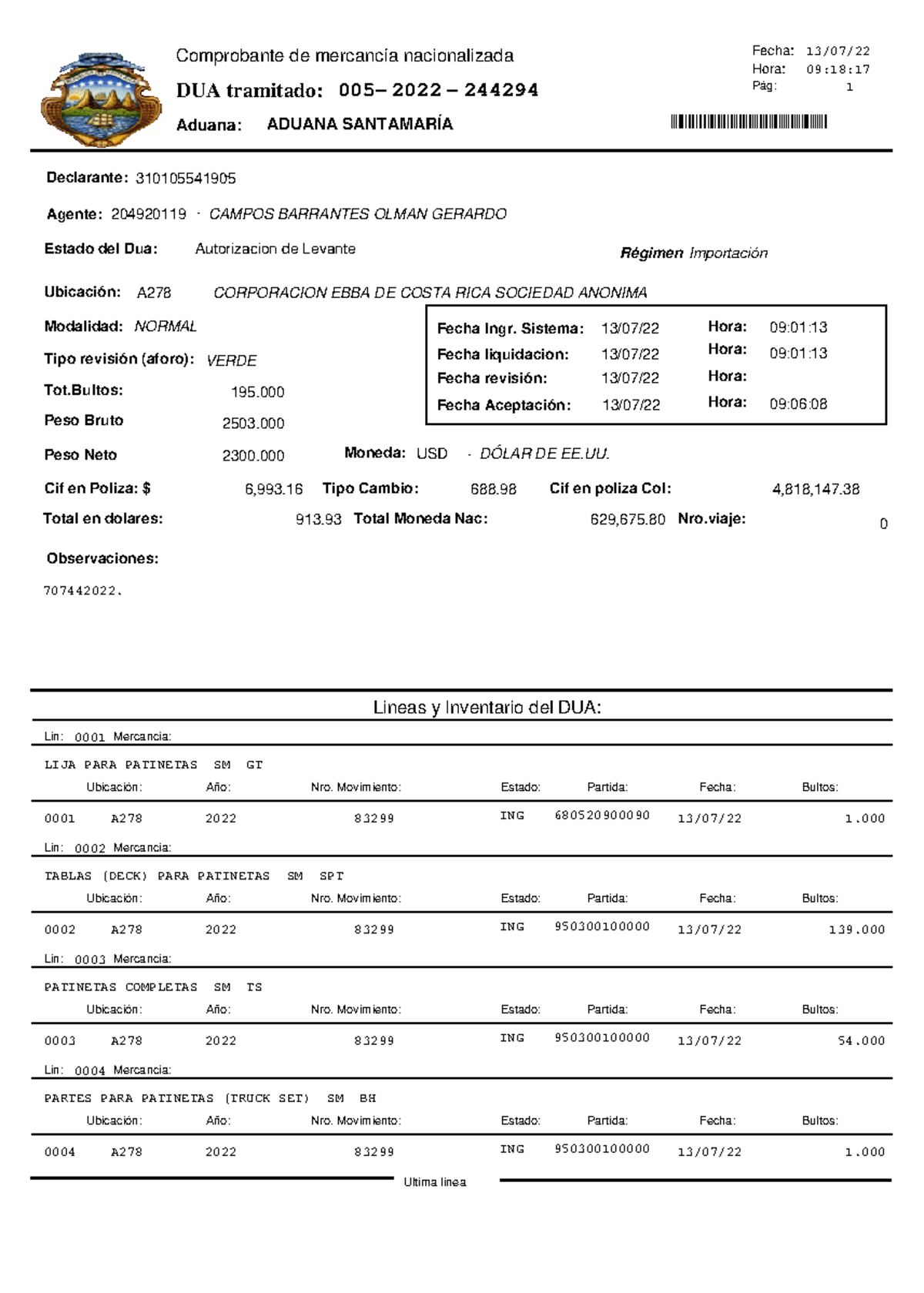 DUA Importation Document - Aduana Santamaría 0052022244294 - Studocu