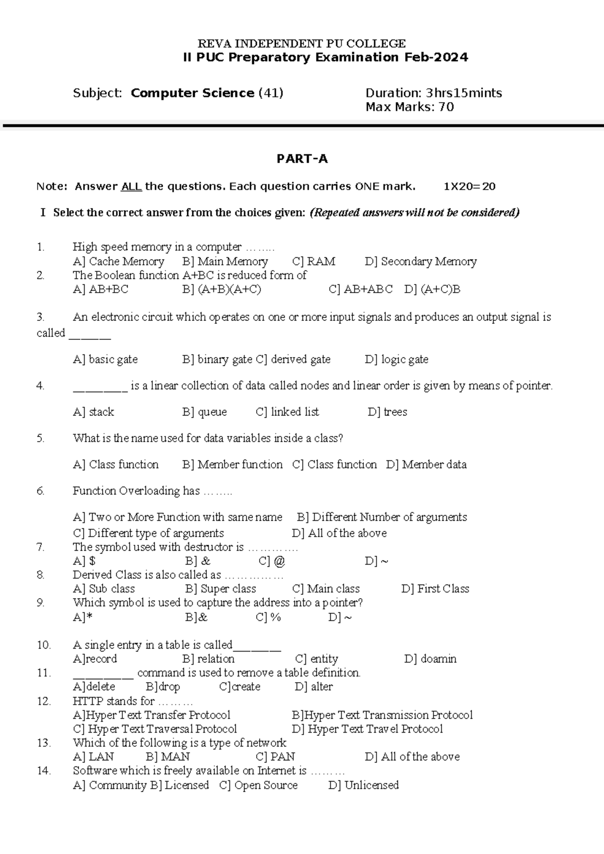 REVA INDEPENDENT PU COLLEGE II PUC Computer Science Prep Exam QP - Studocu
