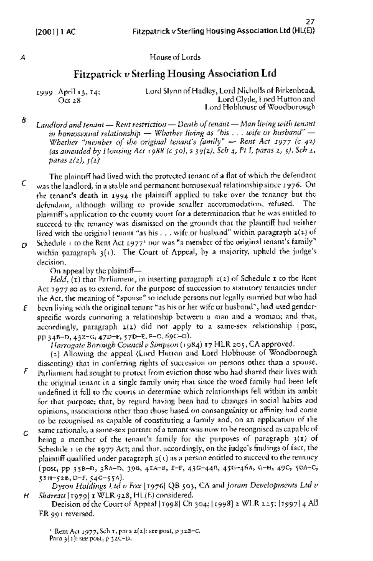 Fitzpatrick v Sterling Housing Association Ltd (HL(E)) - Family Law ...