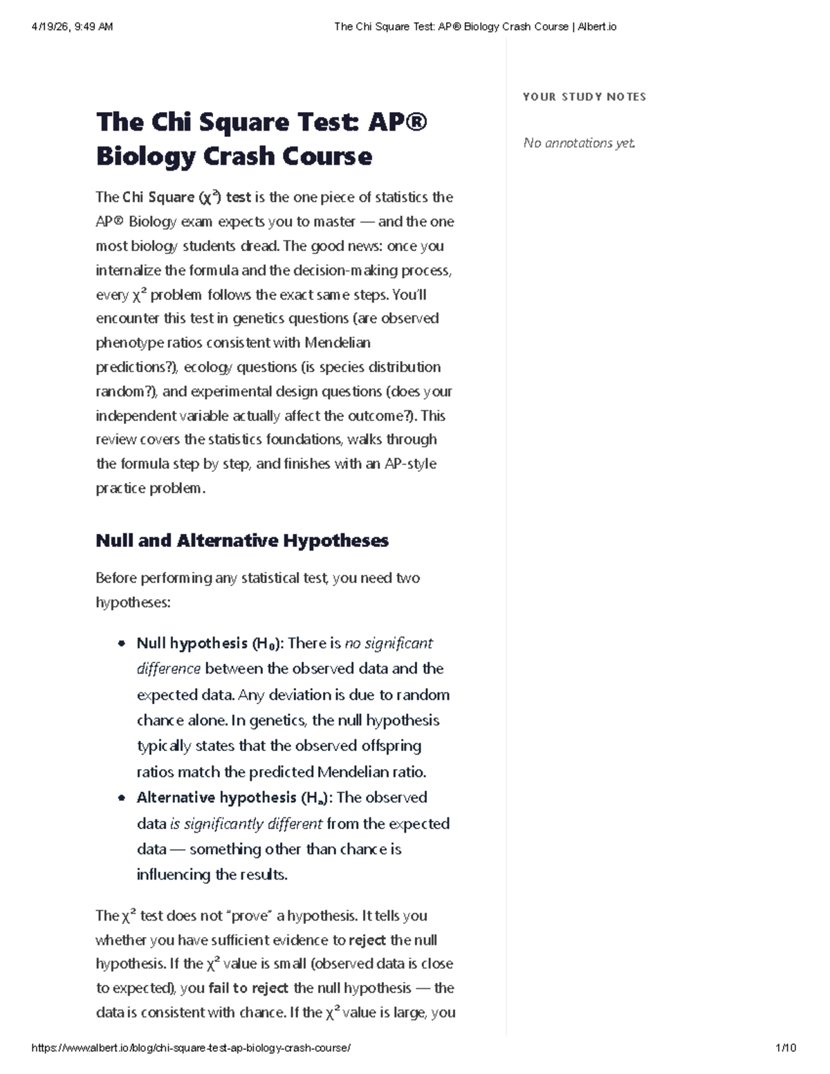 The Chi Square Test: AP® Biology Crash Course Study Notes - Studocu