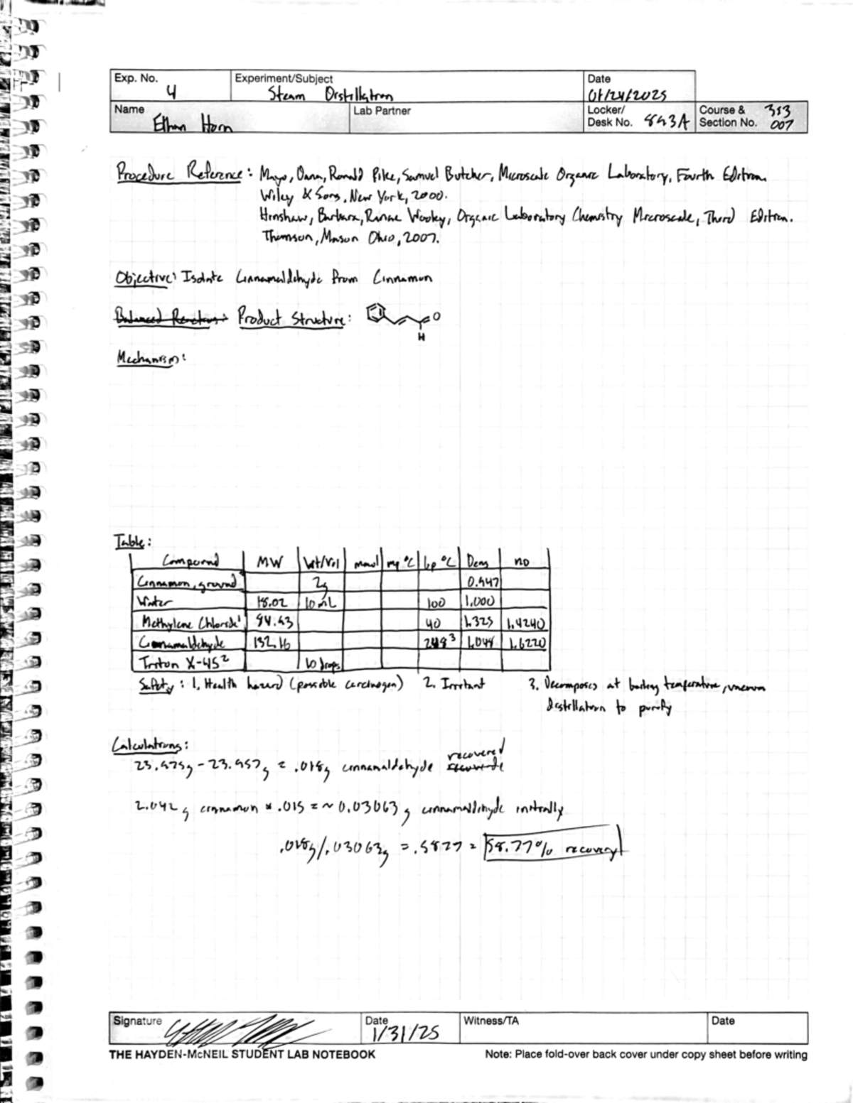 Steam Distillation - Exp. No. Name 4 Experiment/Subject Stam ...