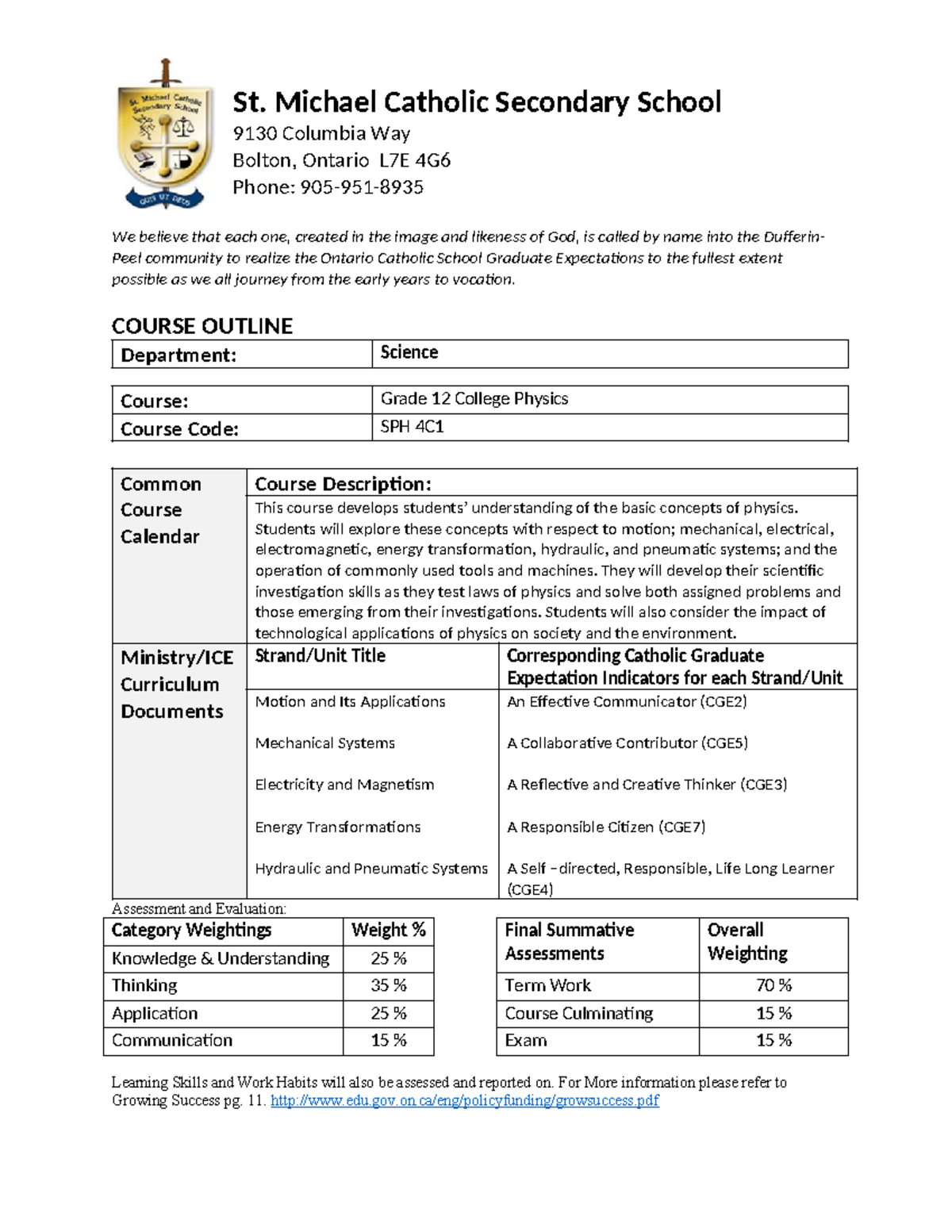 Grade 12 College Physics Course Outline (SPH 4C) - Studocu