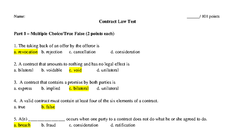 Contract Law Assessment 1: 101 Points Test on Key Concepts - Studocu