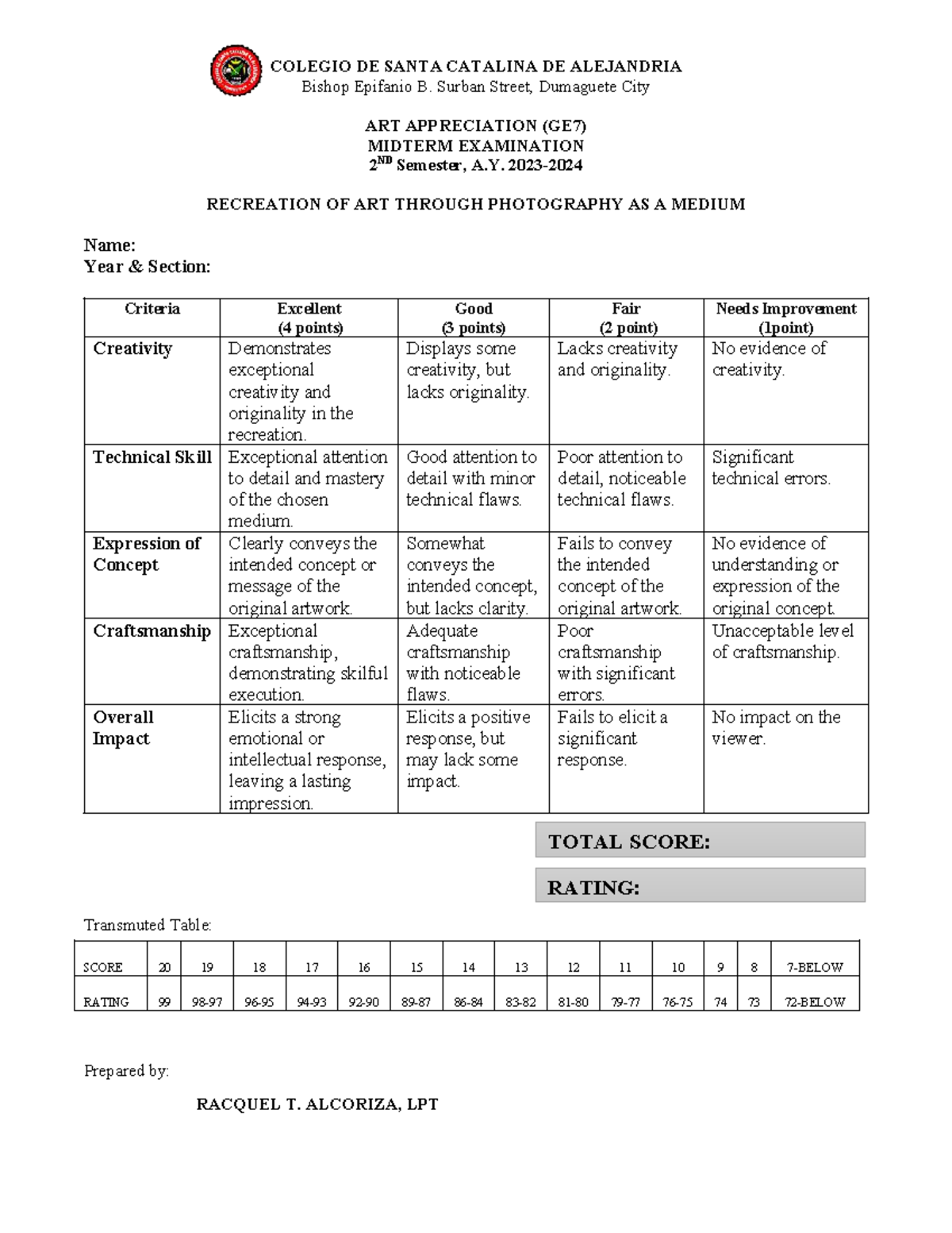 ART APPRECIATION (GE7) MIDTERM EXAM RUBRIC: ART RECREATION - Studocu