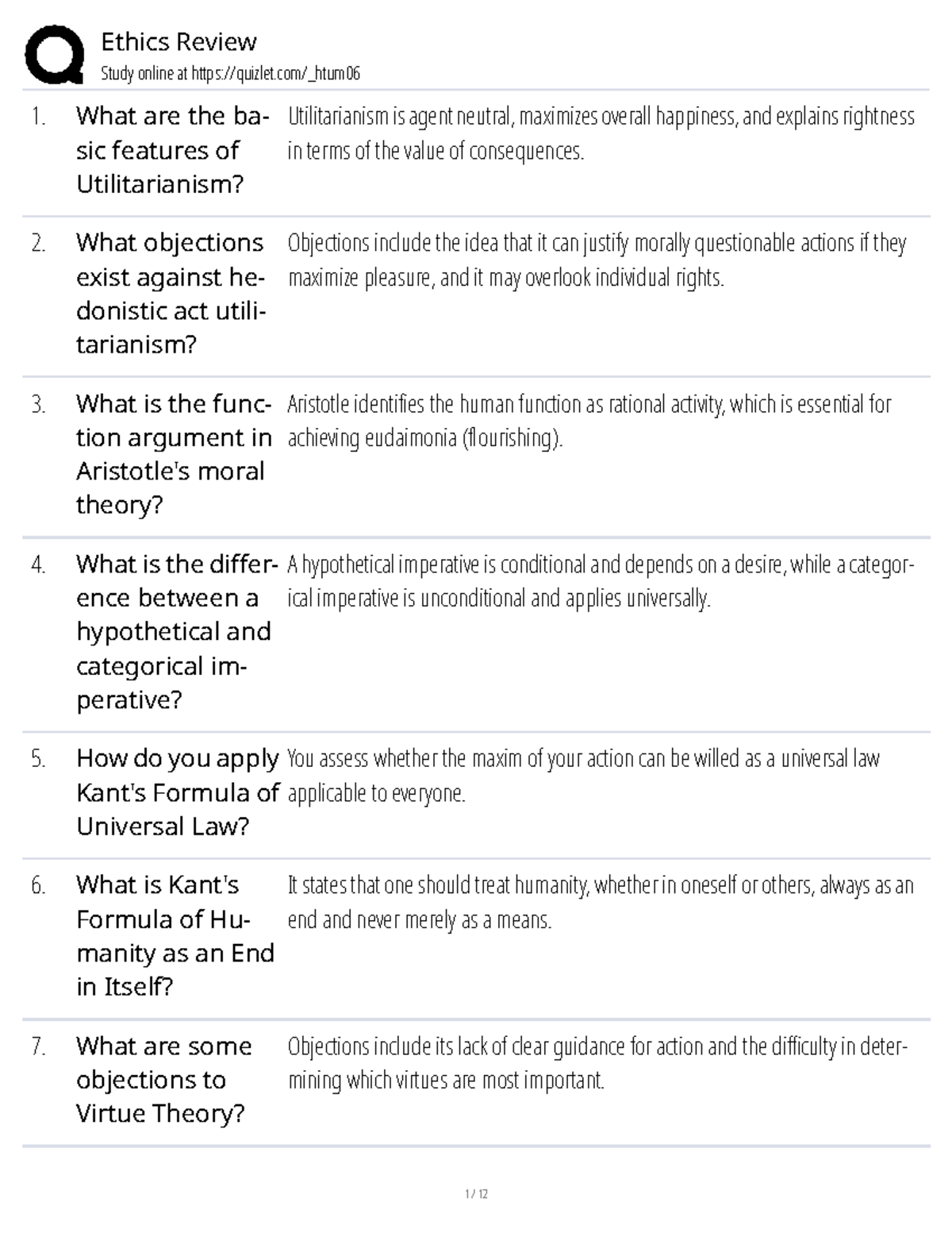 Ethics Review: Key Concepts in Utilitarianism and Kantian Theory (ETH ...