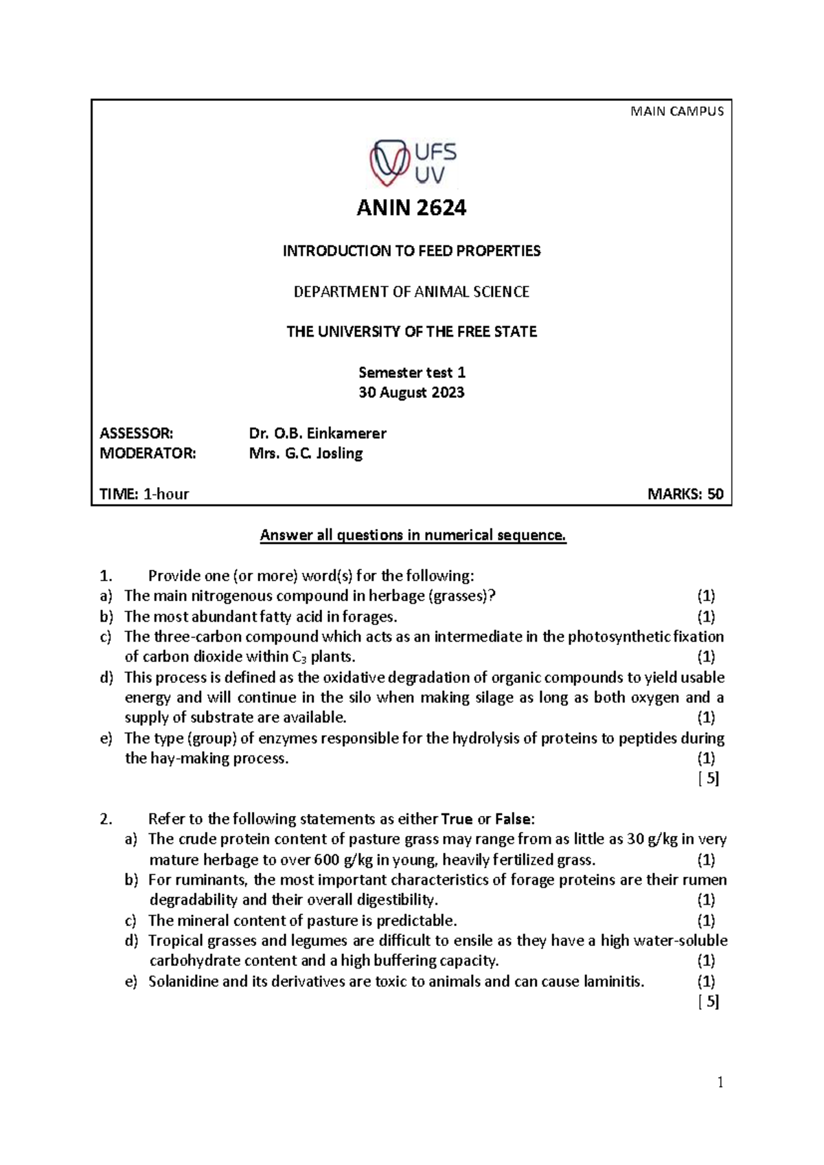 ANIN2624 - Introduction to Feed Properties Semester Test 1 2023 - Studocu