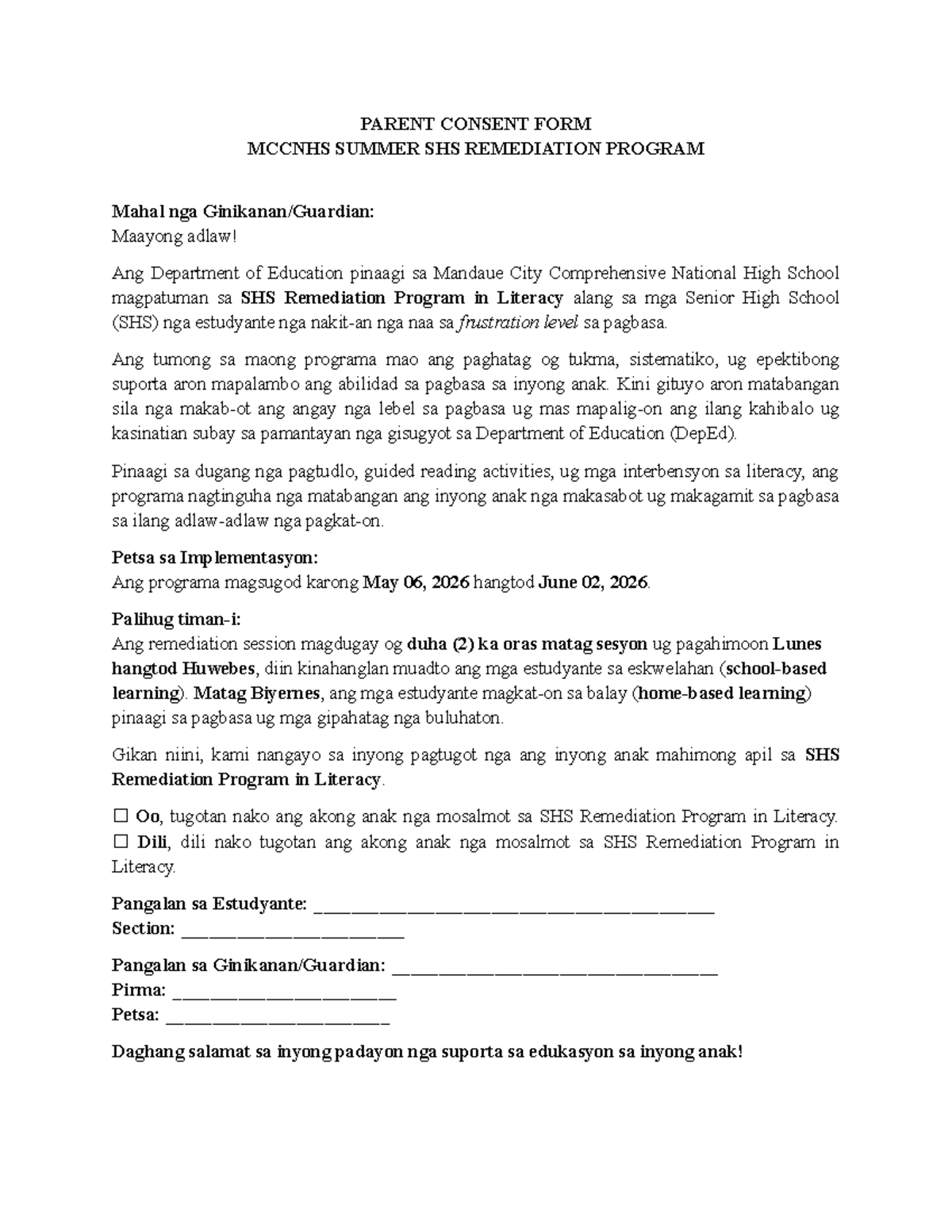 SHS Parent Consent Form for Literacy Remediation Program - Studocu