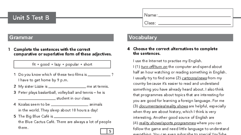 Checkpoint A2+ B1 Unit 5 Test B: Grammar & Vocabulary Exercises - Studocu