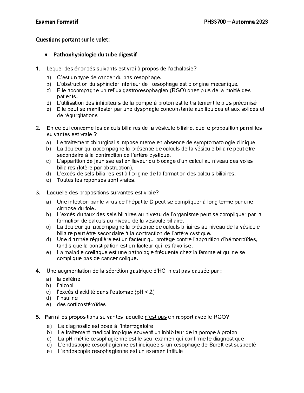Examen Formatif PHS3700 - Questions sur la Pathophysiologie Digestive ...