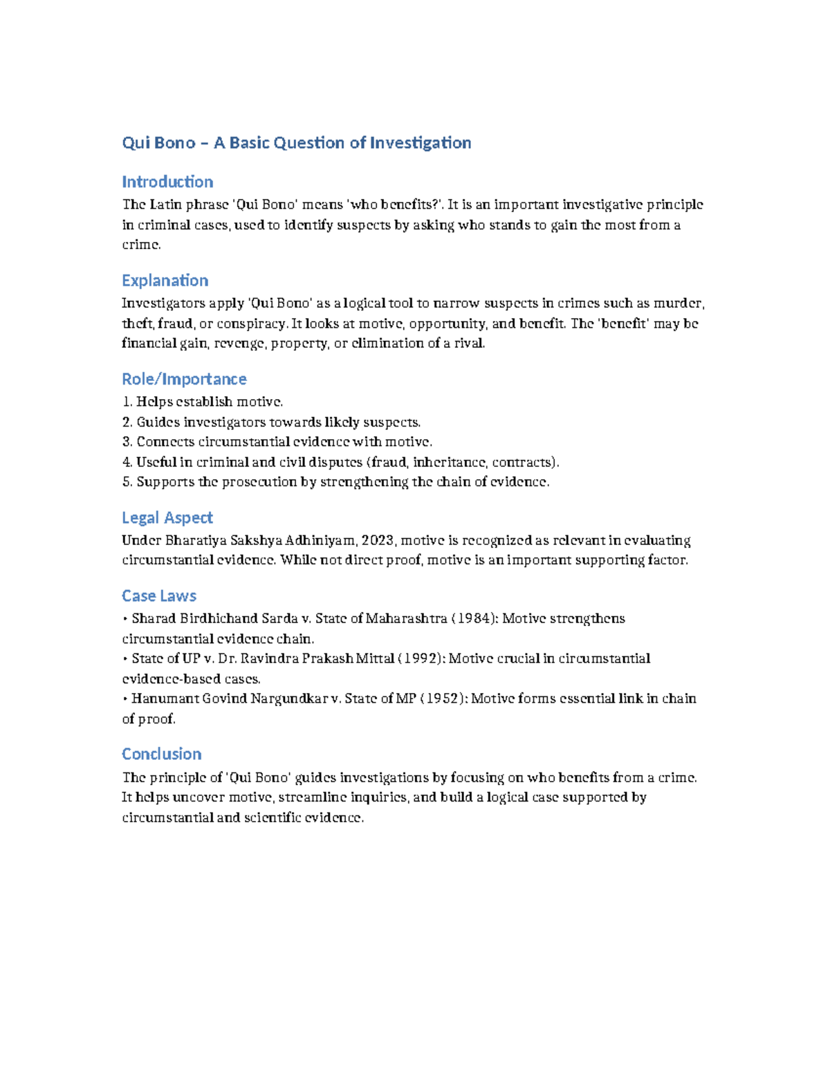 Qui Bono: Investigative Principle in Criminal Cases - Studocu