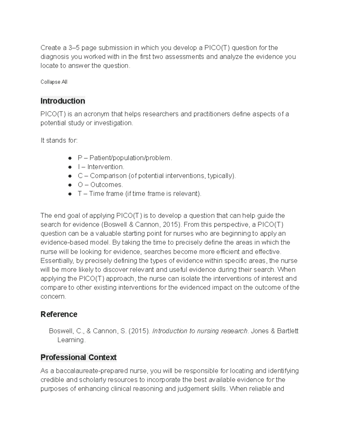 PICO(T) Question Development and Evidence Analysis for 4025 Assessment ...