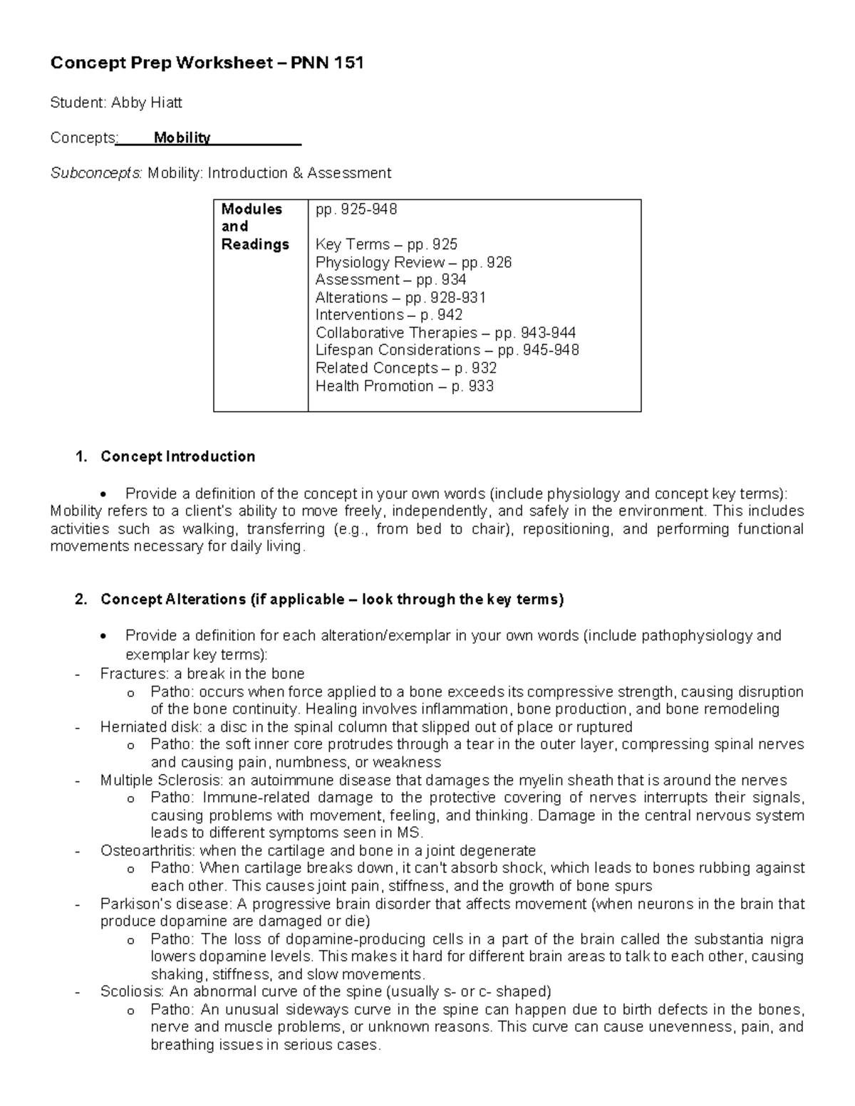 Mobility Concept Prep Worksheet for PNN 151 - Studocu