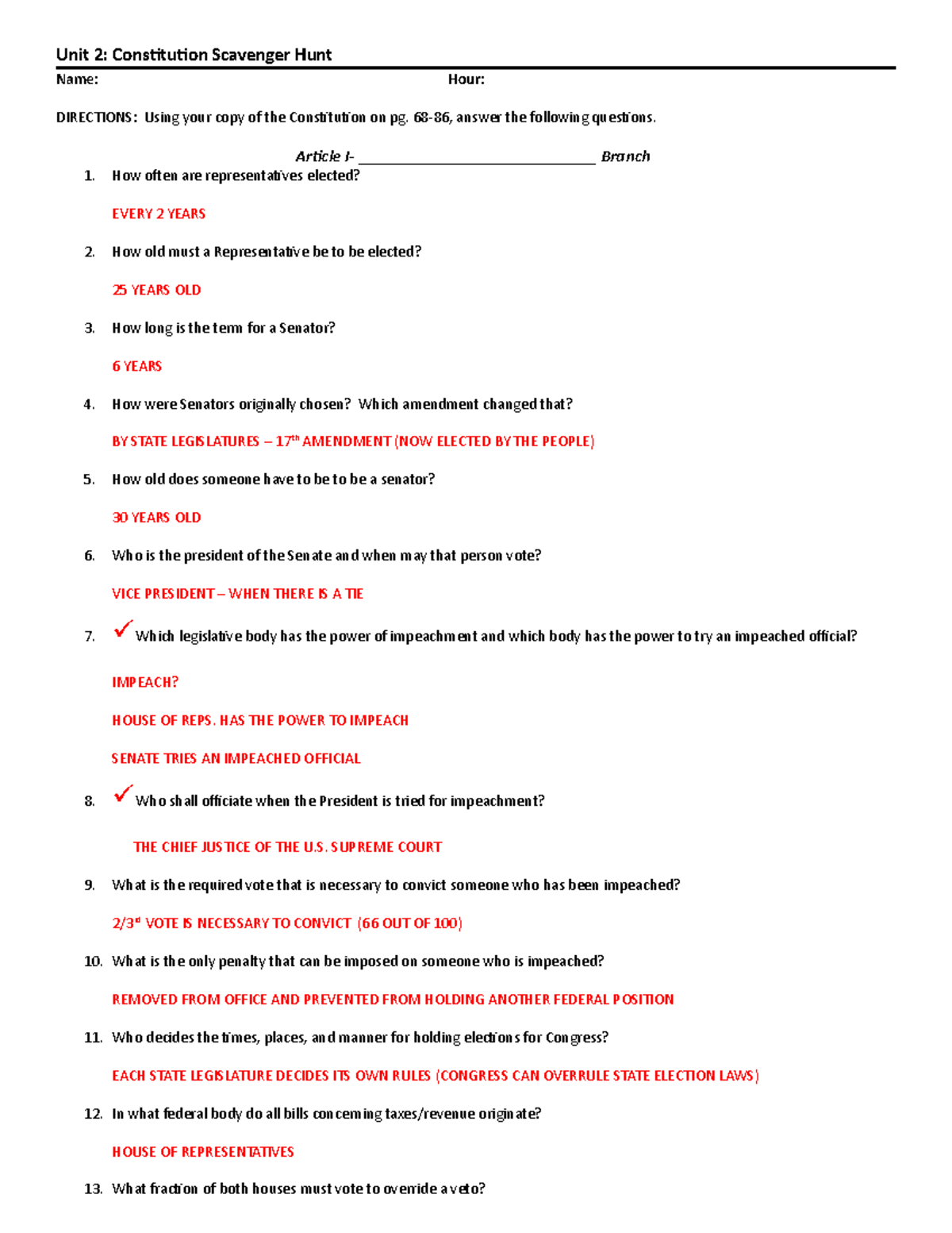 Constitution Scavenger Hunt Key for Unit 2 Exam (1) - Studocu