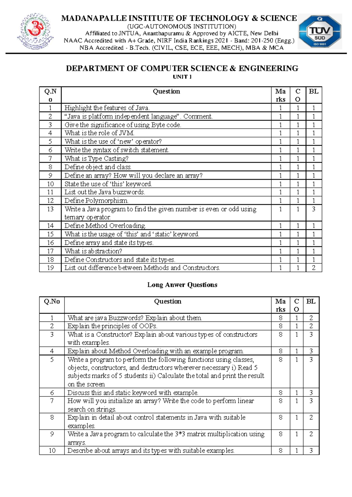 JAVA Question Bank - CSE Unit I & IV Questions and Answers - Studocu