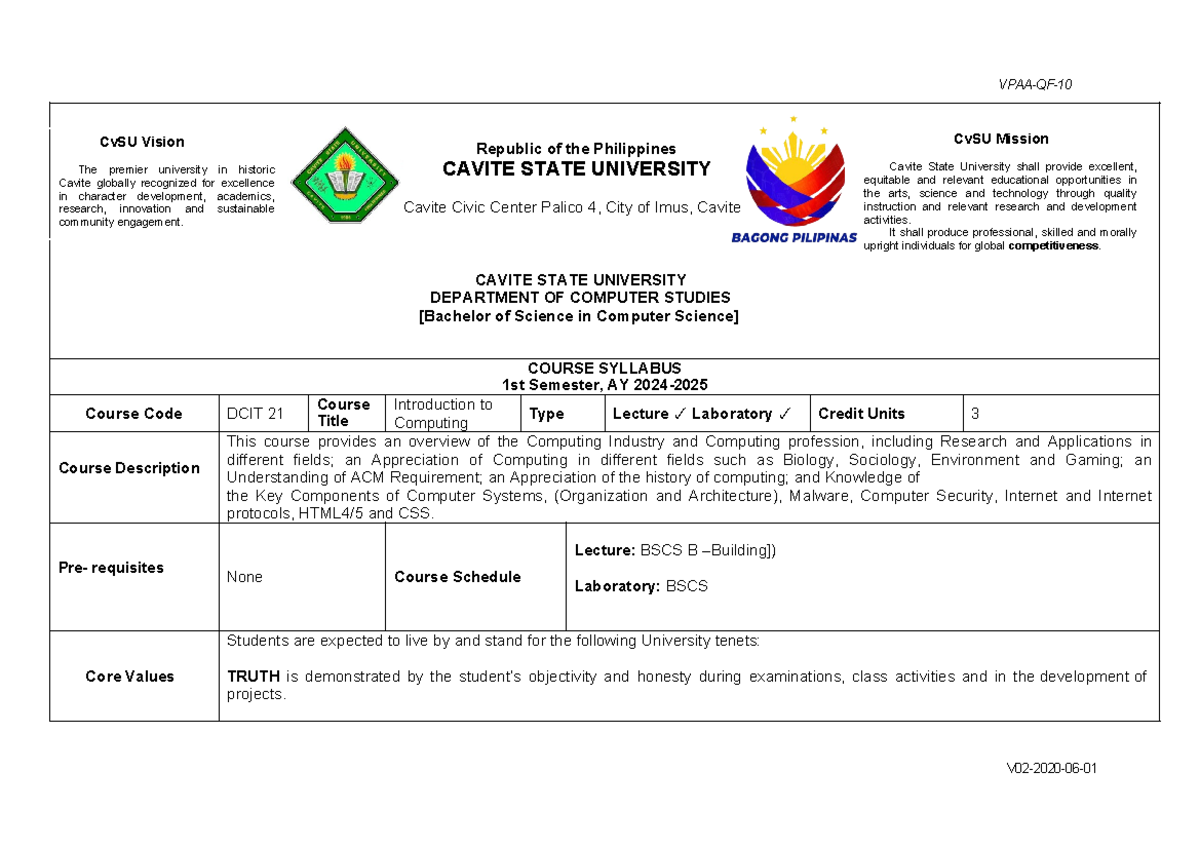 DCIT 21: Syllabus for Introduction to Computing - 1st Sem AY 2024-2025 ...