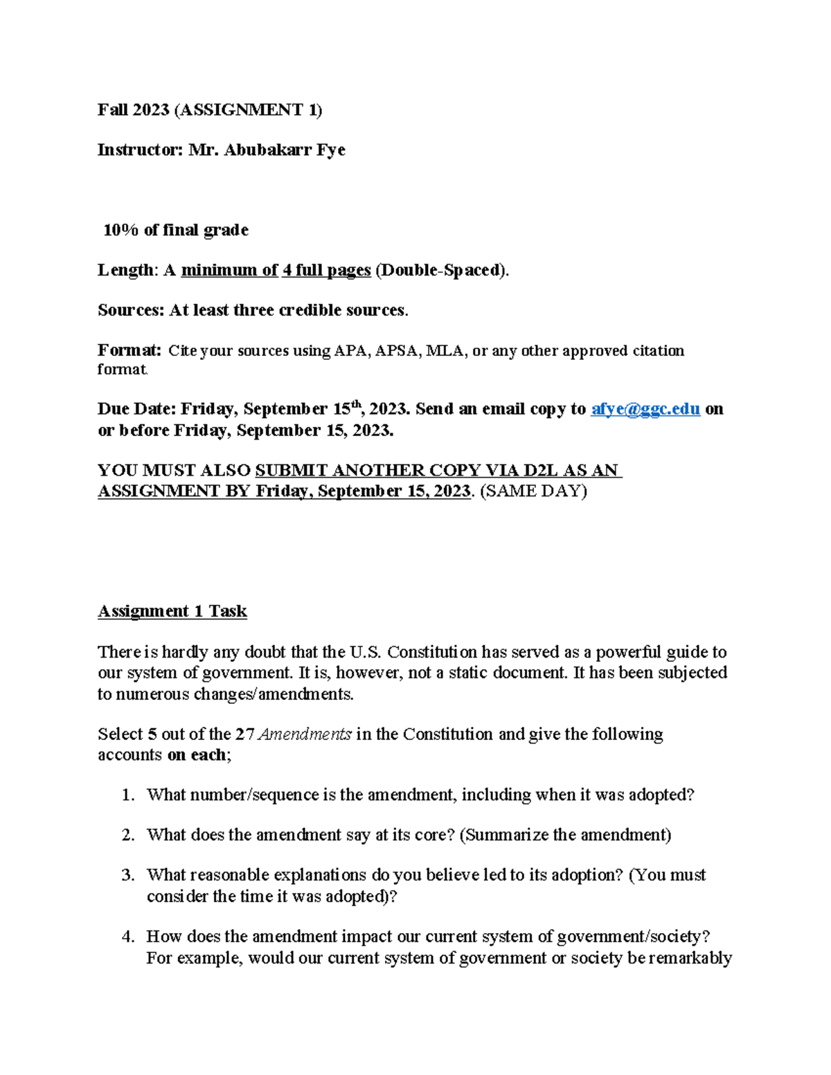 Assignment 1: Analysis of 5 U.S. Constitutional Amendments (FALL 2023 ...