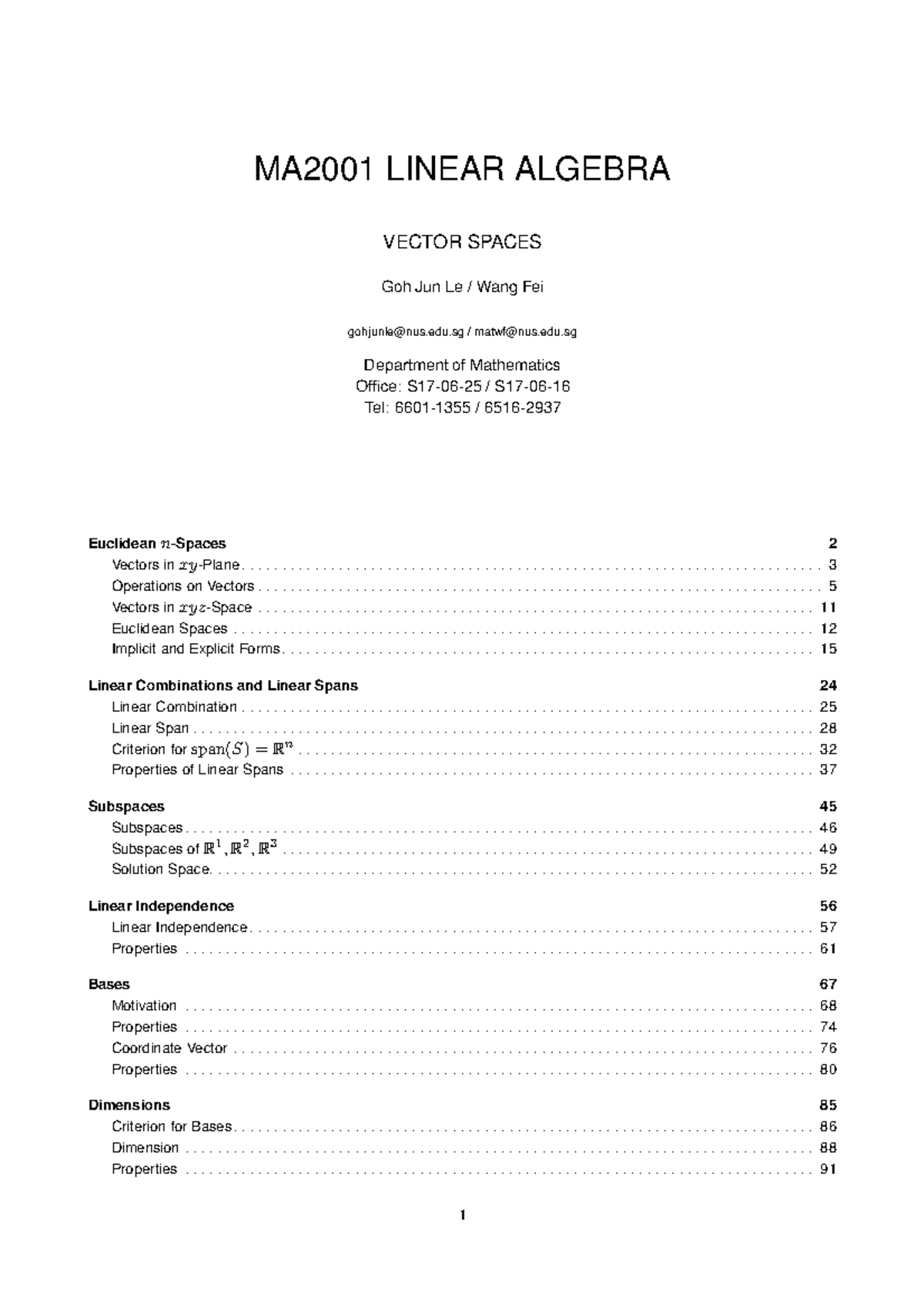 MA2001 Linear Algebra: Vector Spaces Overview and Key Concepts - Studocu