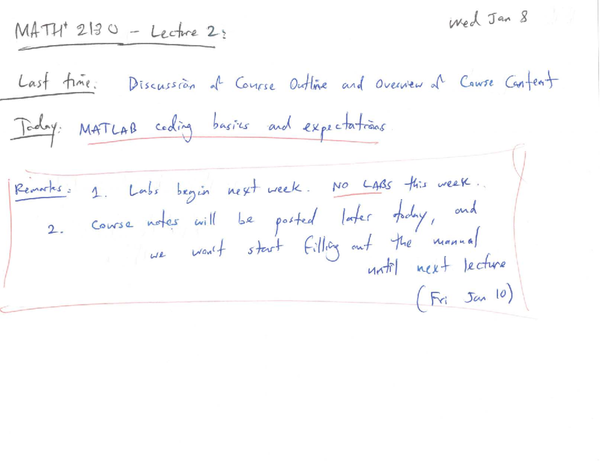 2130 Lecture 2: MATLAB Coding Basics and Course Overview (Jan 8) - Studocu