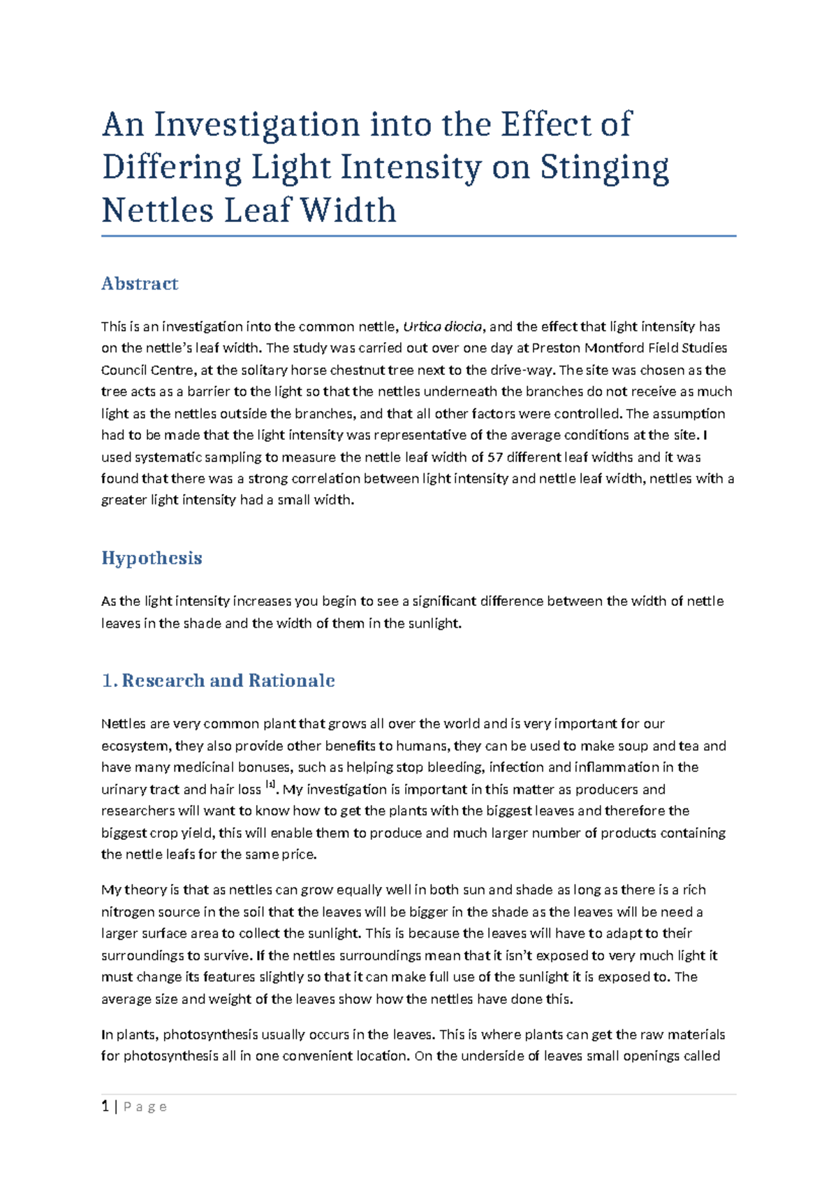 Effects of Light Intensity on Stinging Nettle Leaf Width: A Study - Studocu