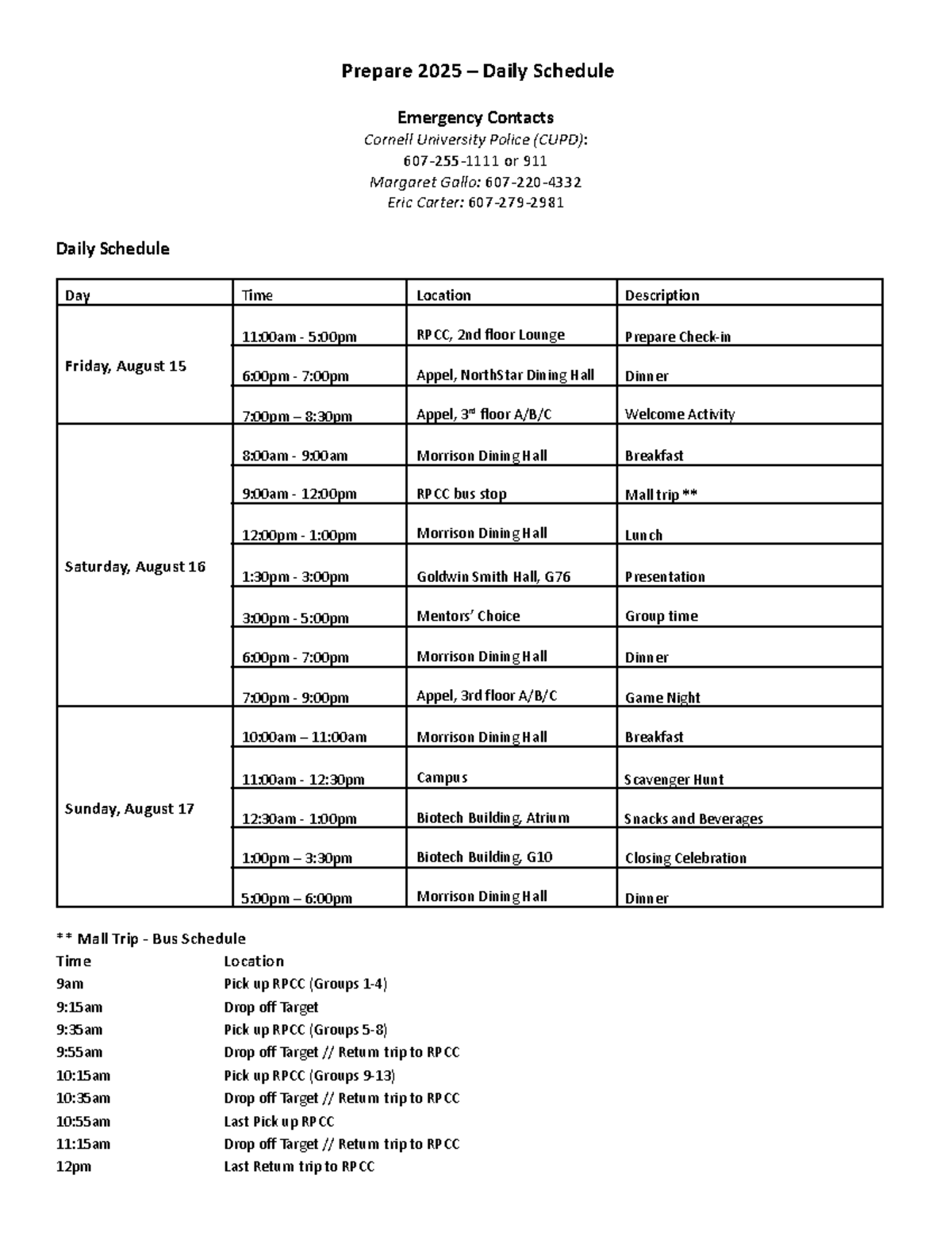 Final Prepare 2025 Daily Schedule & Emergency Contacts - Studocu