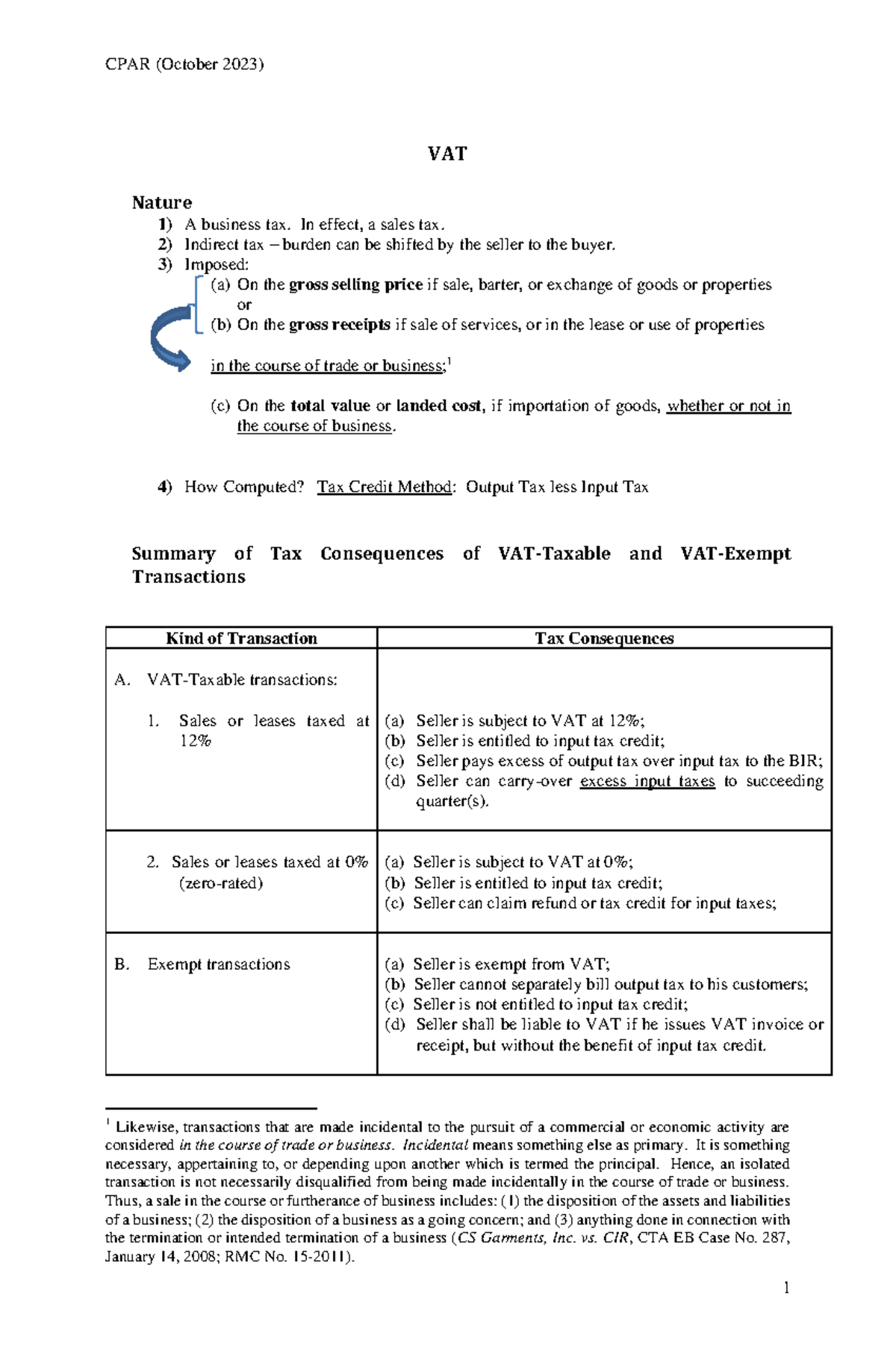94 11 VAT Handout - TAX - VAT Nature A business tax. In effect, a sales ...