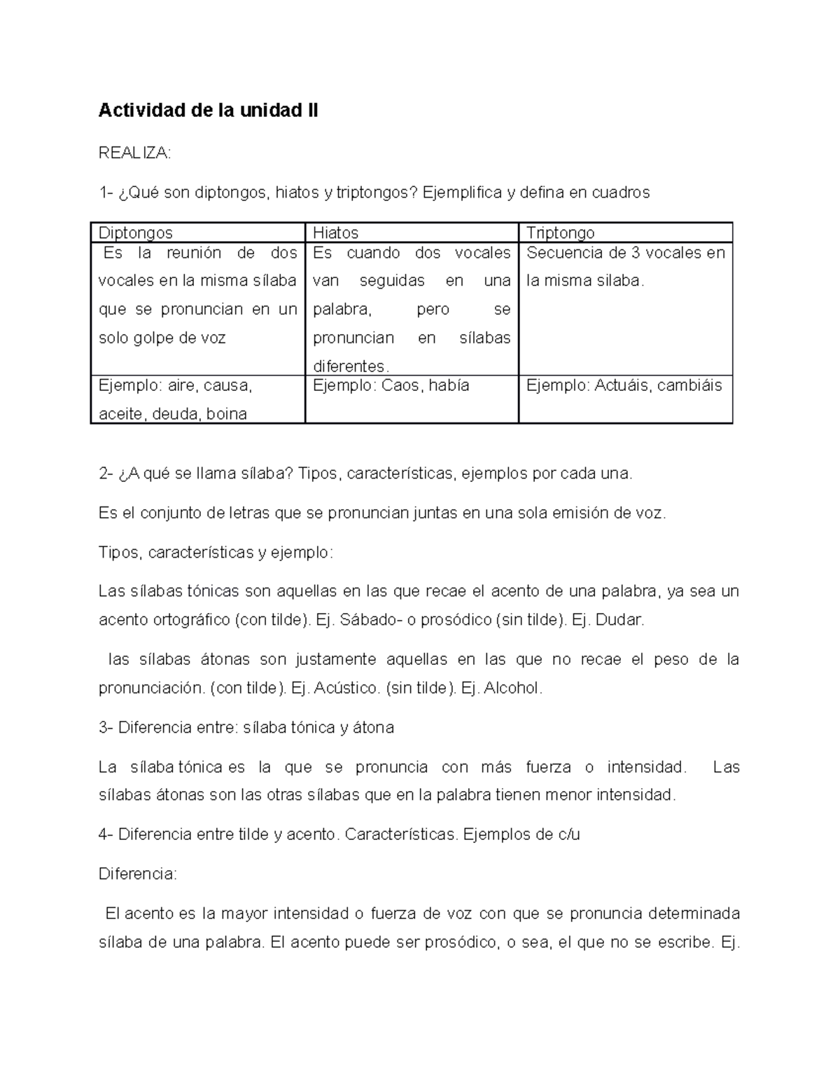 Actividad de la unidad II Responda las siguientes preguntas - Actividad ...