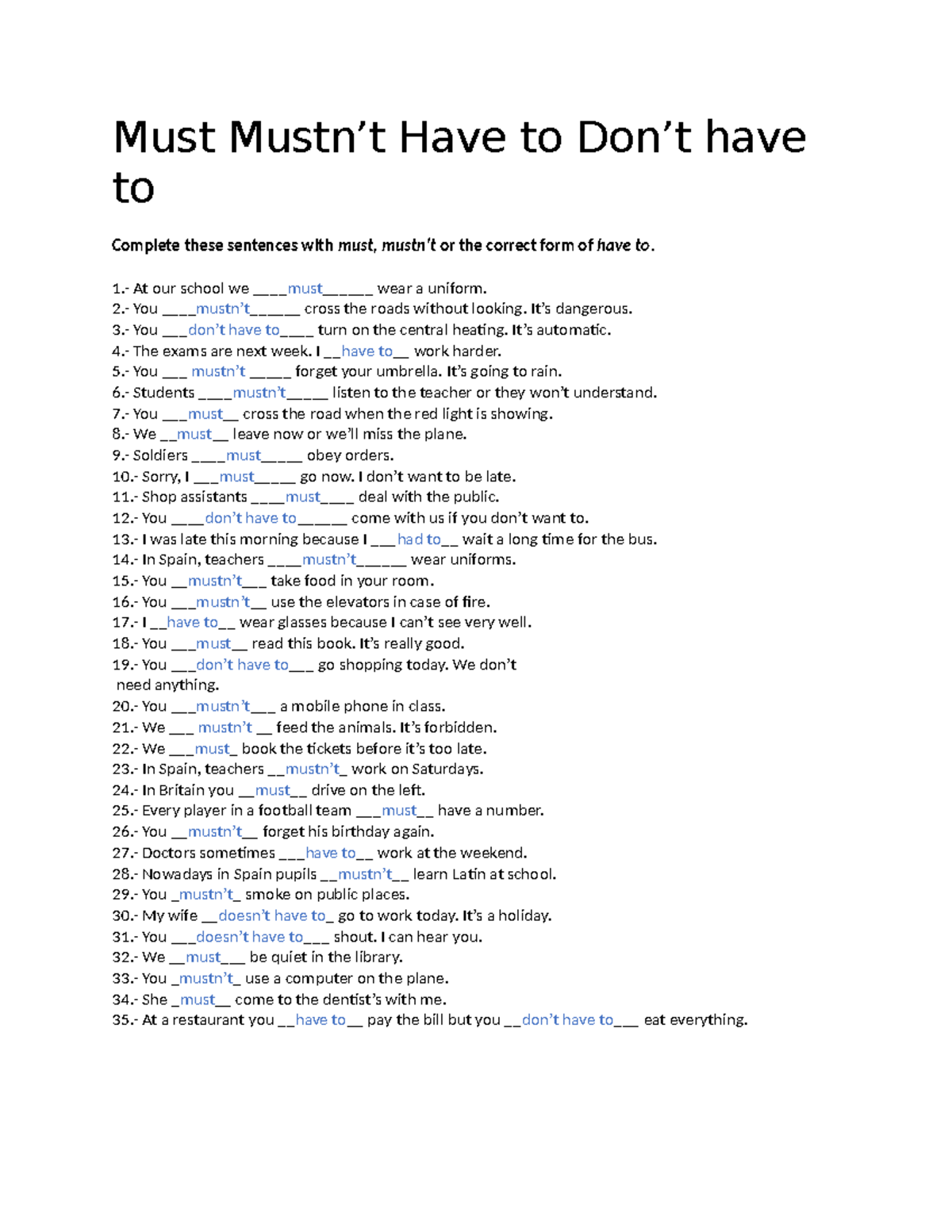 Must and Mustn't Exercises for Grammar Practice - Studocu