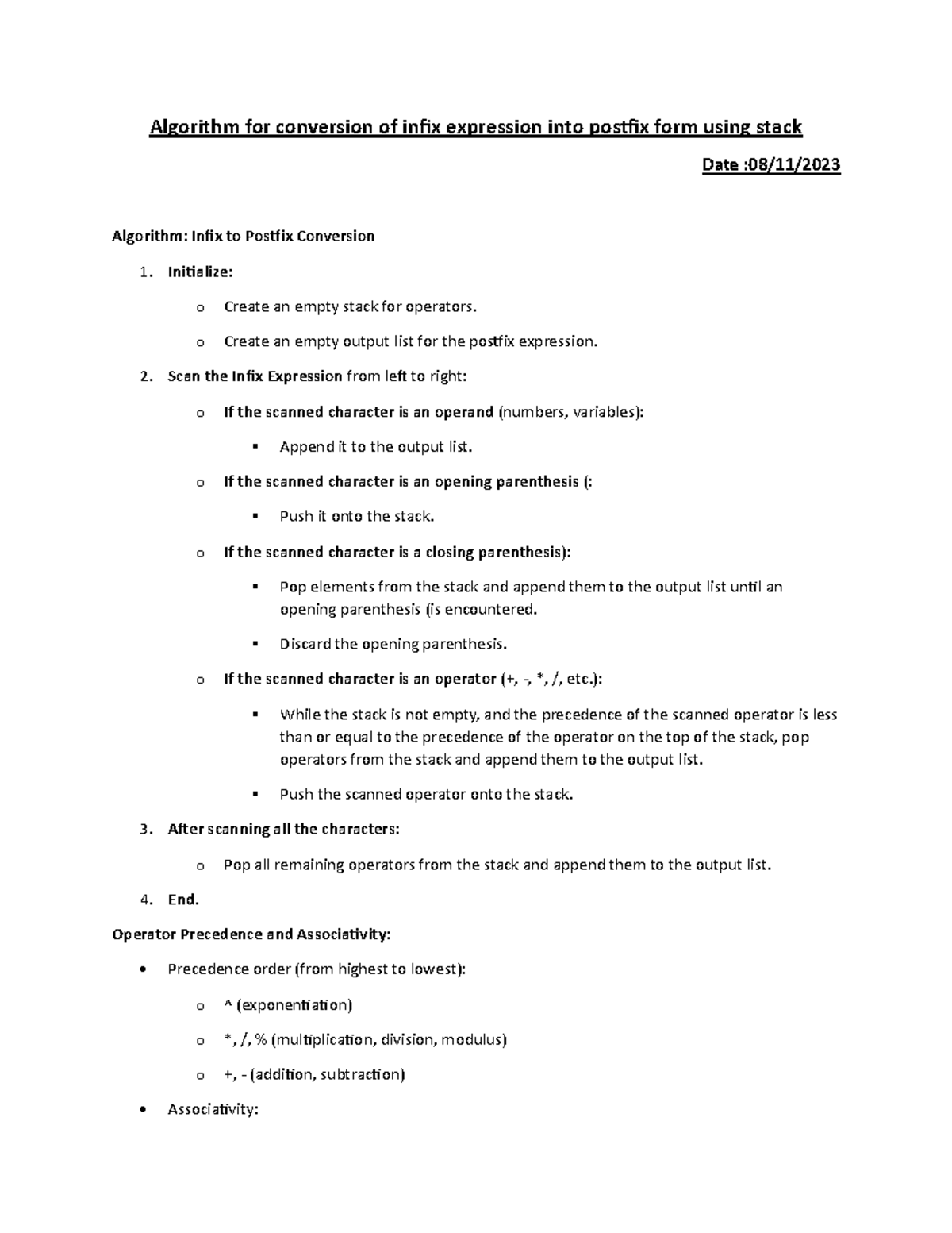 Algorithm for conversion of infix expression into postfix form using ...
