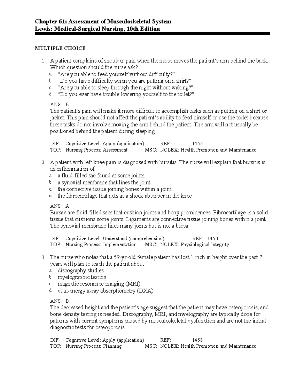 C61 - Chapter 61 Test Bank: Musculoskeletal System Assessment - Studocu