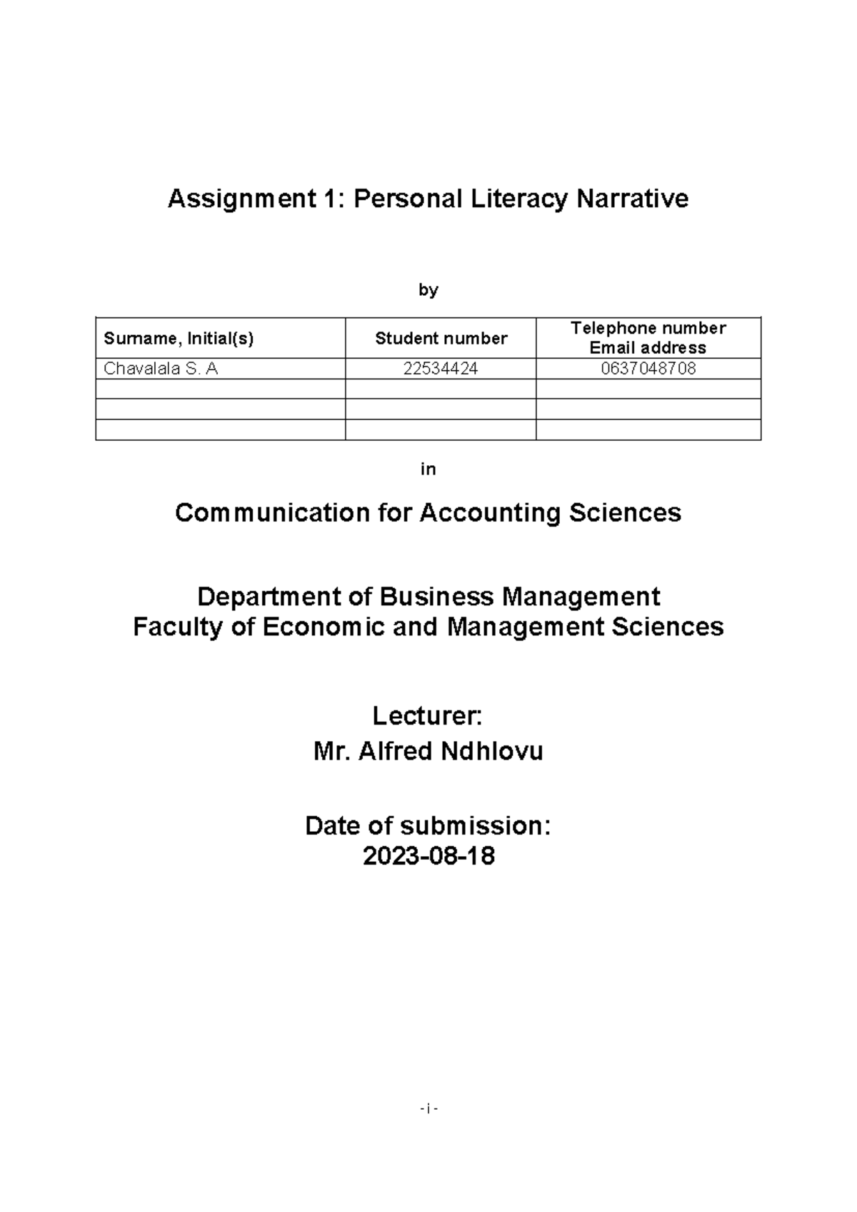 ALL 126 Assignment 1: Personal Literacy Narrative Insights - Studocu