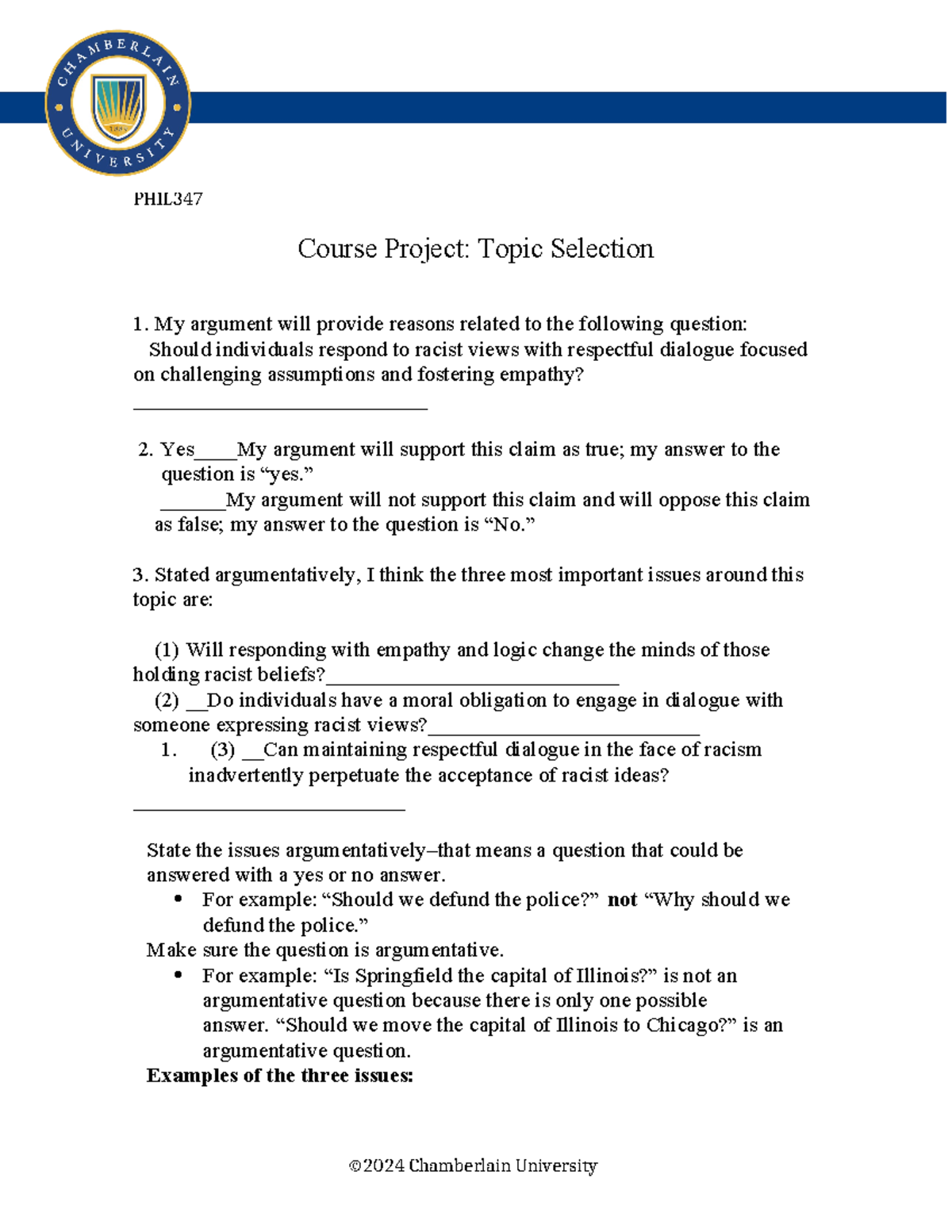 PHIL347 Course Project: Argumentative Topic Selection Template - Studocu