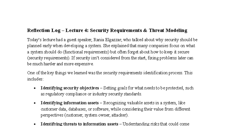 Reflection Log: Lecture 4 - Security Requirements & Threat Modeling ...
