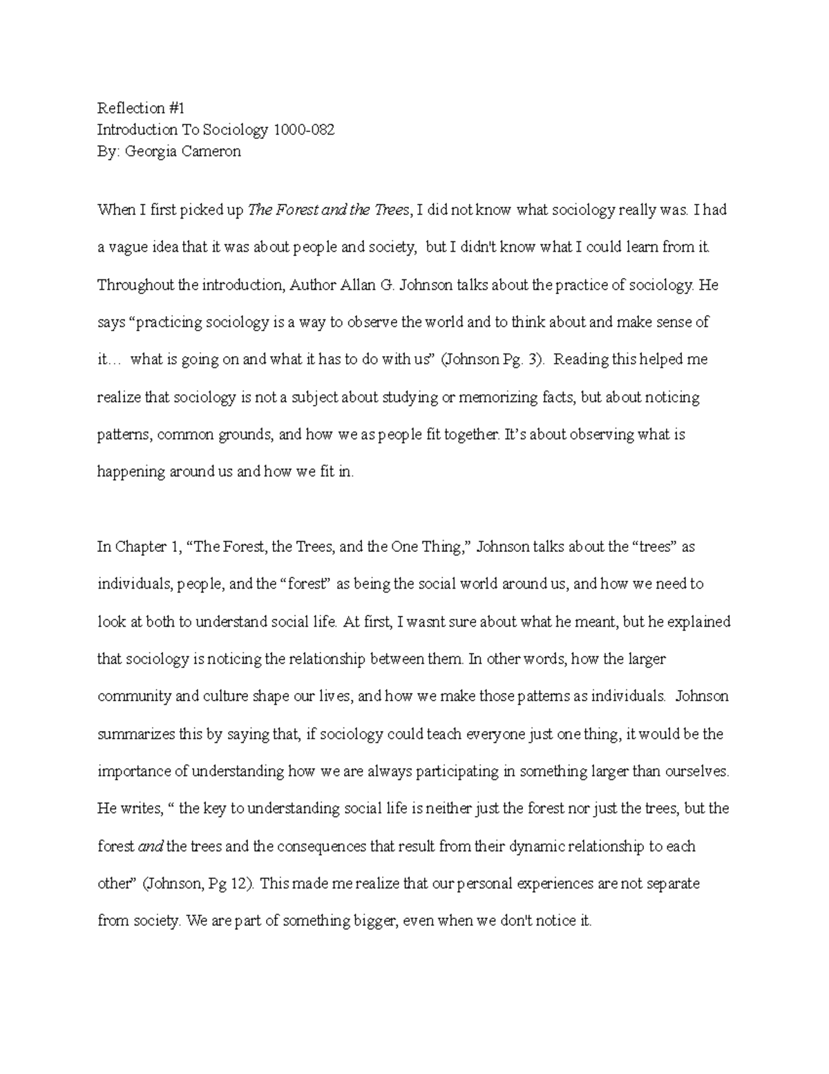 Reflection #1 on SOC 101: Understanding Sociology through Johnson's ...