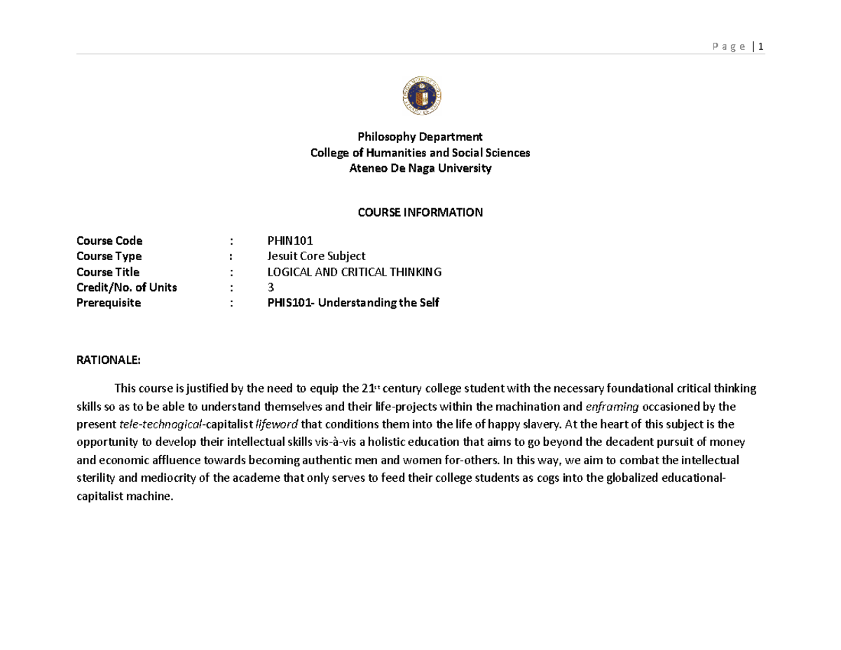 PHIN: Syllabus for Logical and Critical Thinking Course - Studocu