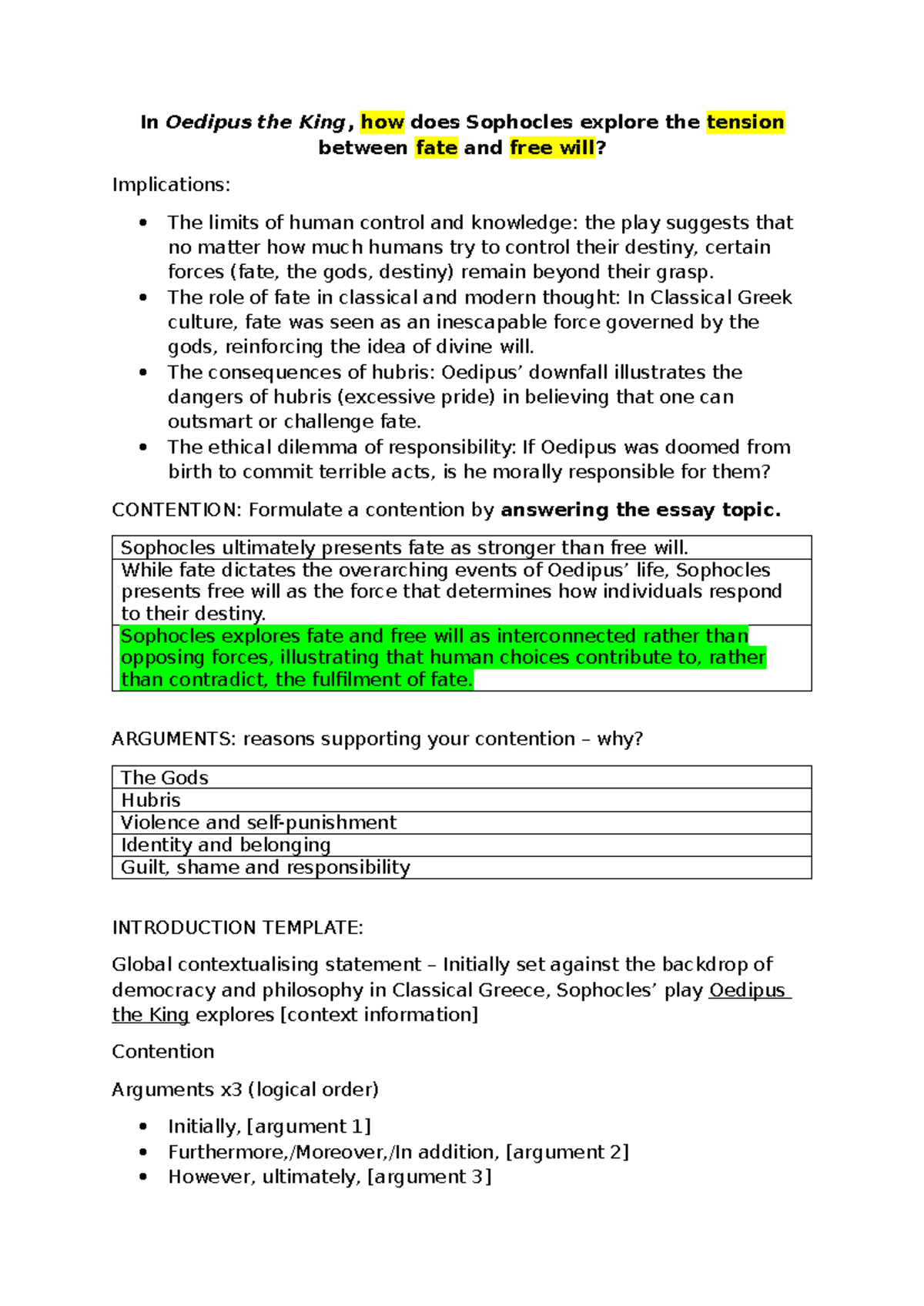 Oedipus the King Essay Notes: Fate vs. Free Will Analysis - Studocu