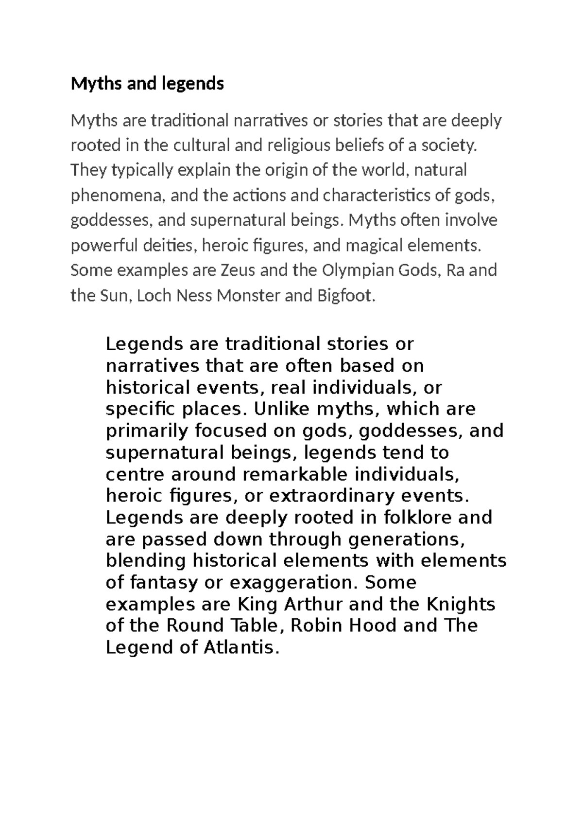 Myths and Legends: Key Elements and Creative Exploration - Studocu