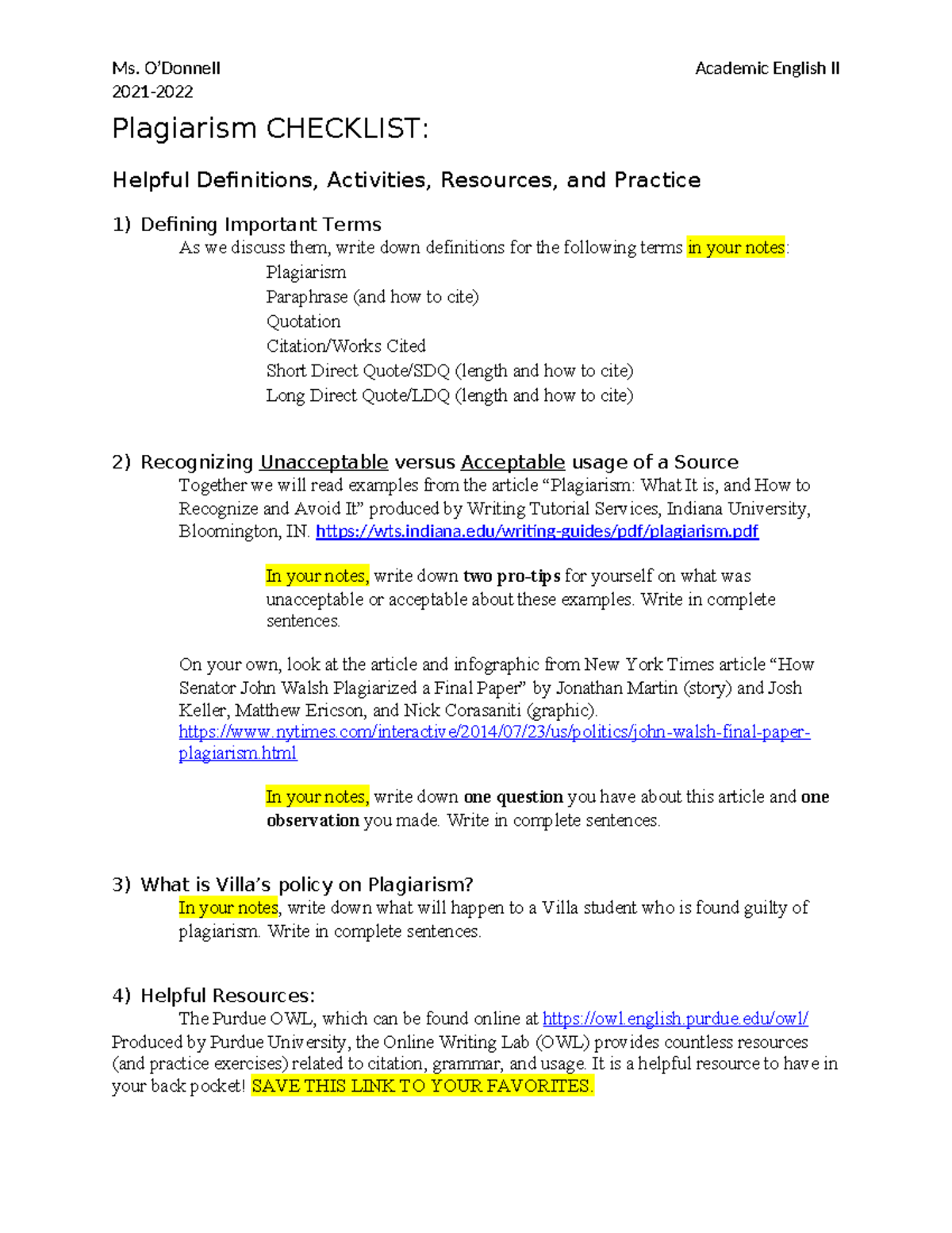 Plagiarism Checklist RHeuckroth 2021 - Ms. O’Donnell Academic English ...