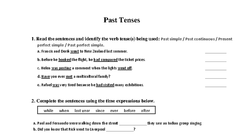 Past Tenses Worksheet & Key: Verb Tense Identification - Studocu