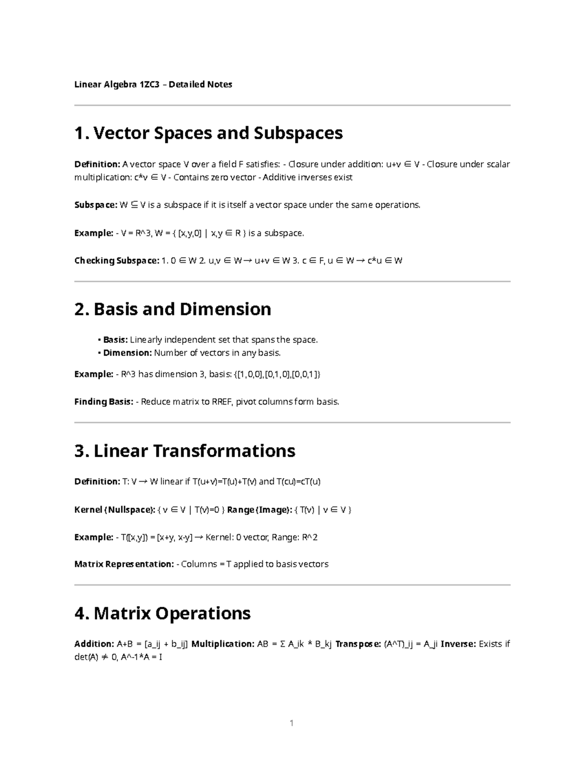 Linear Algebra 1ZC3 Comprehensive Study Notes on Vector Spaces and More ...