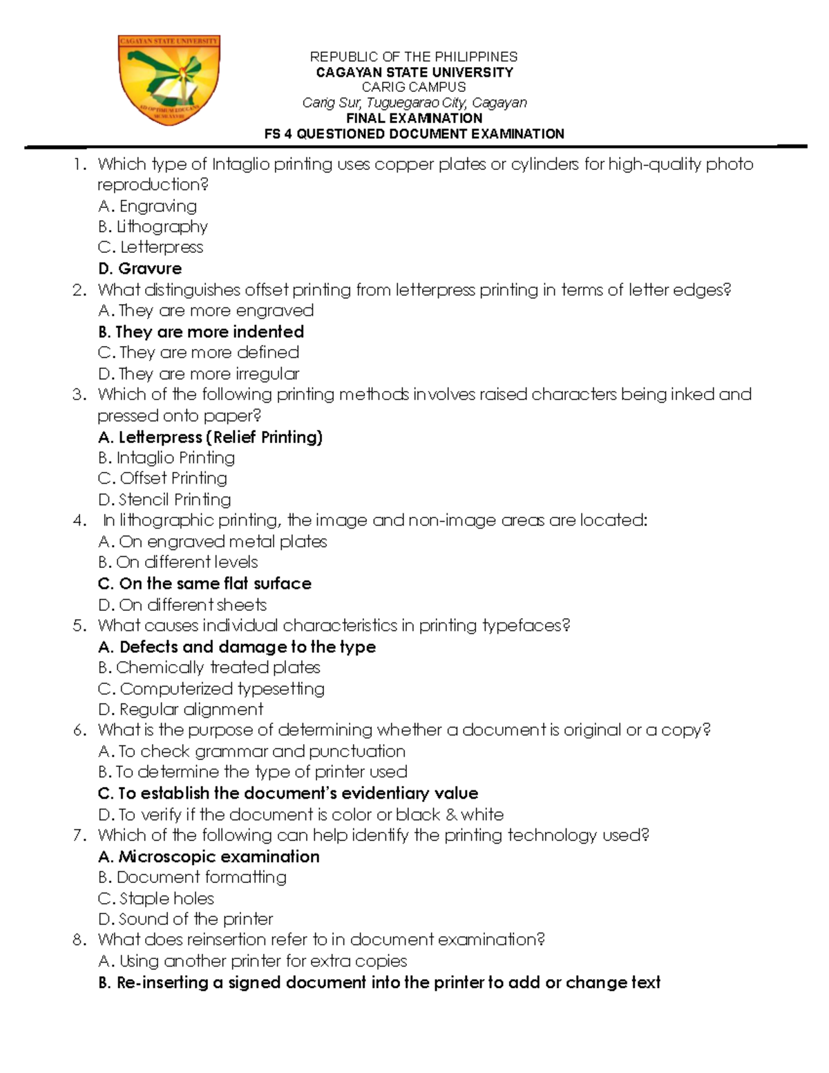 FINAL EXAMINATION FS 4: QUESTIONED DOCUMENT EXAMINATION Guide - Studocu