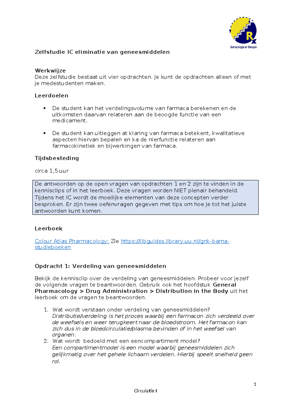Zelfstudie IC: Verdelen & Klaring van Geneesmiddelen in Farmacologie ...
