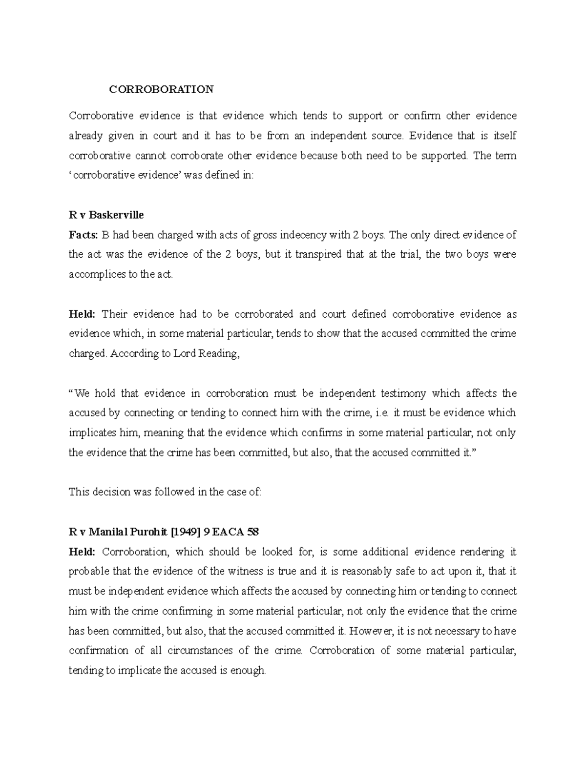 Corroboration Evidence in Uganda: Key Concepts and Legal Cases - Studocu