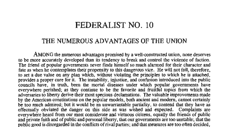 Federalist No. 10: Examining the Union's Role in Controlling Factions ...